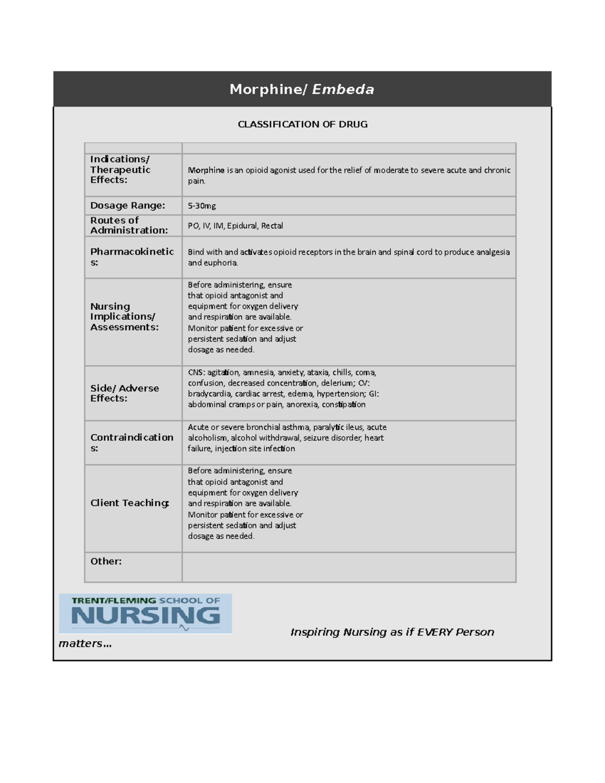 Morphene - Lab drug cards - Morphine/ Embeda CLASSIFICATION OF DRUG ...