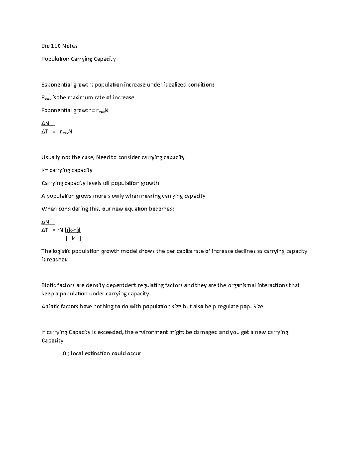 Population Carrying Capacity - Bio 110 Notes Population Carrying ...