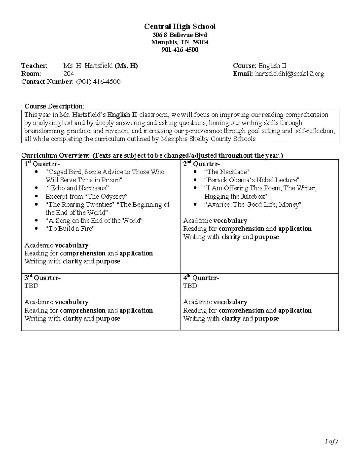 Hartsfield English II Syllabus - Central High School 306 S Bellevue ...