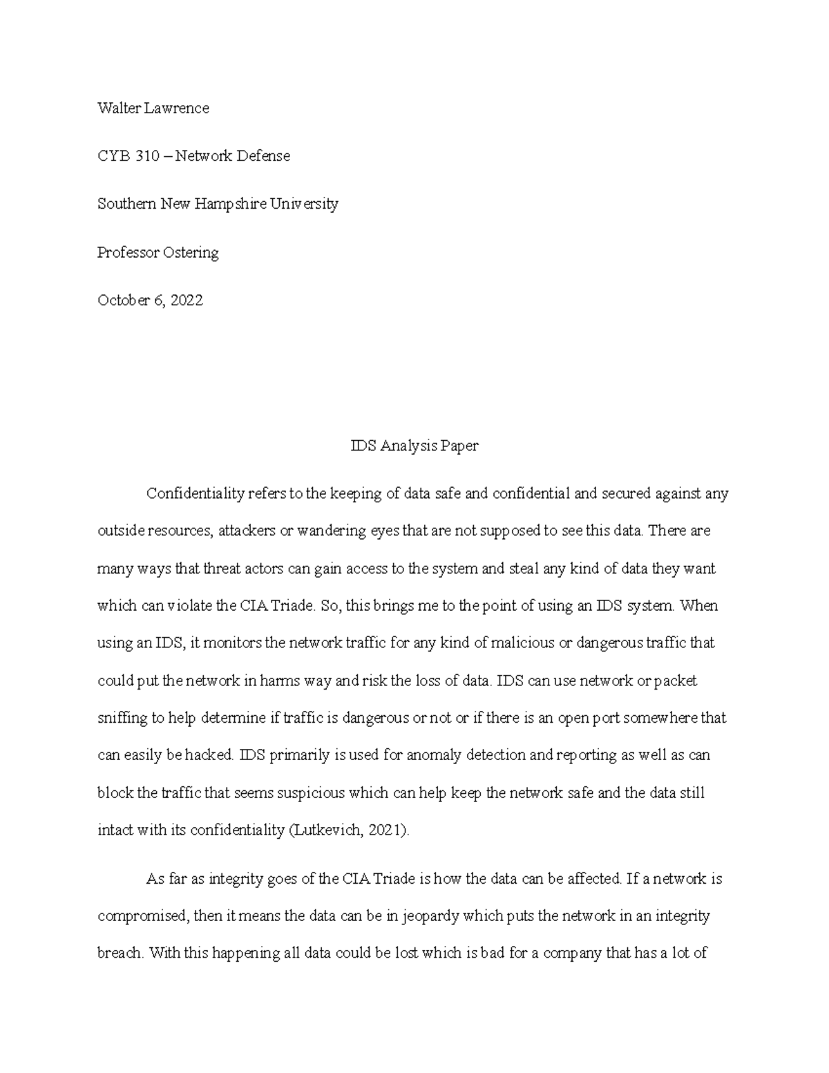 CYB 310 Module 6 Project 2 IDS Analysis Paper Walter Lawrence - Walter Lawrence CYB 310 ...