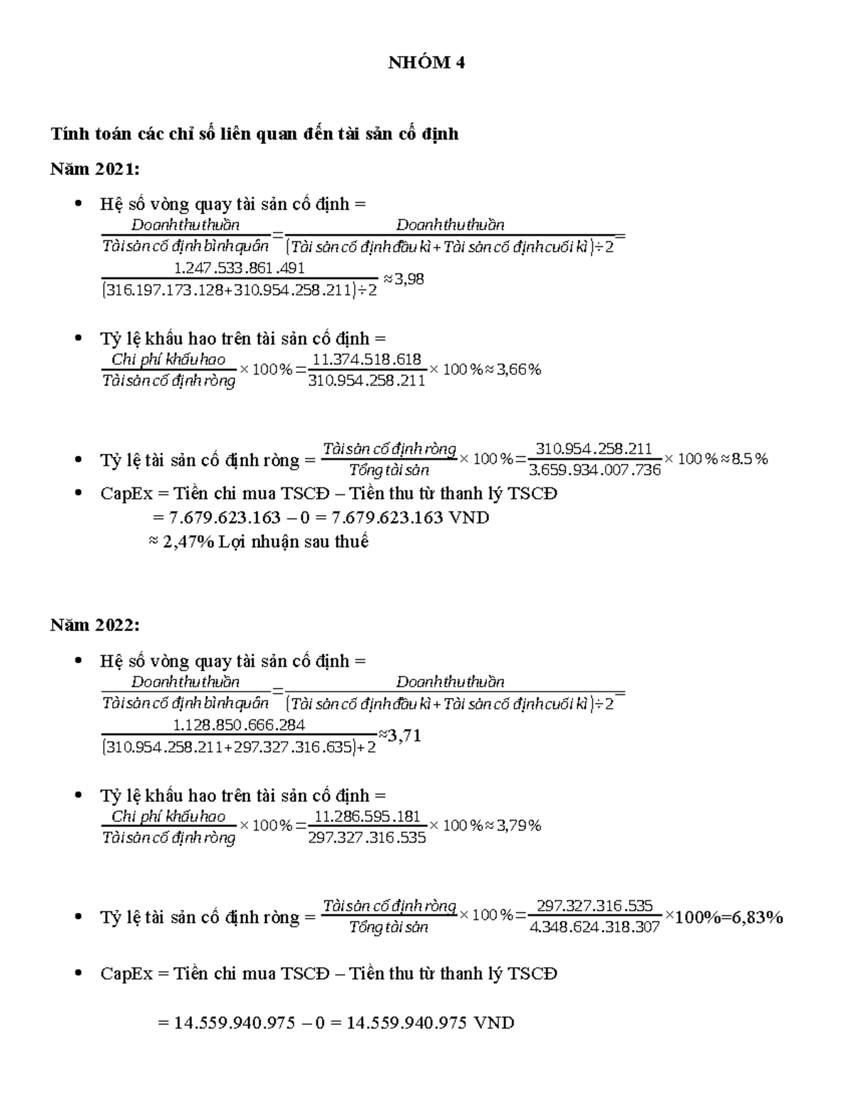 Tính toán chương 4 KTTC - NHÓM 4 Tính toán các chỉ số liên quan đến tài sản cố định Năm 2021 ...