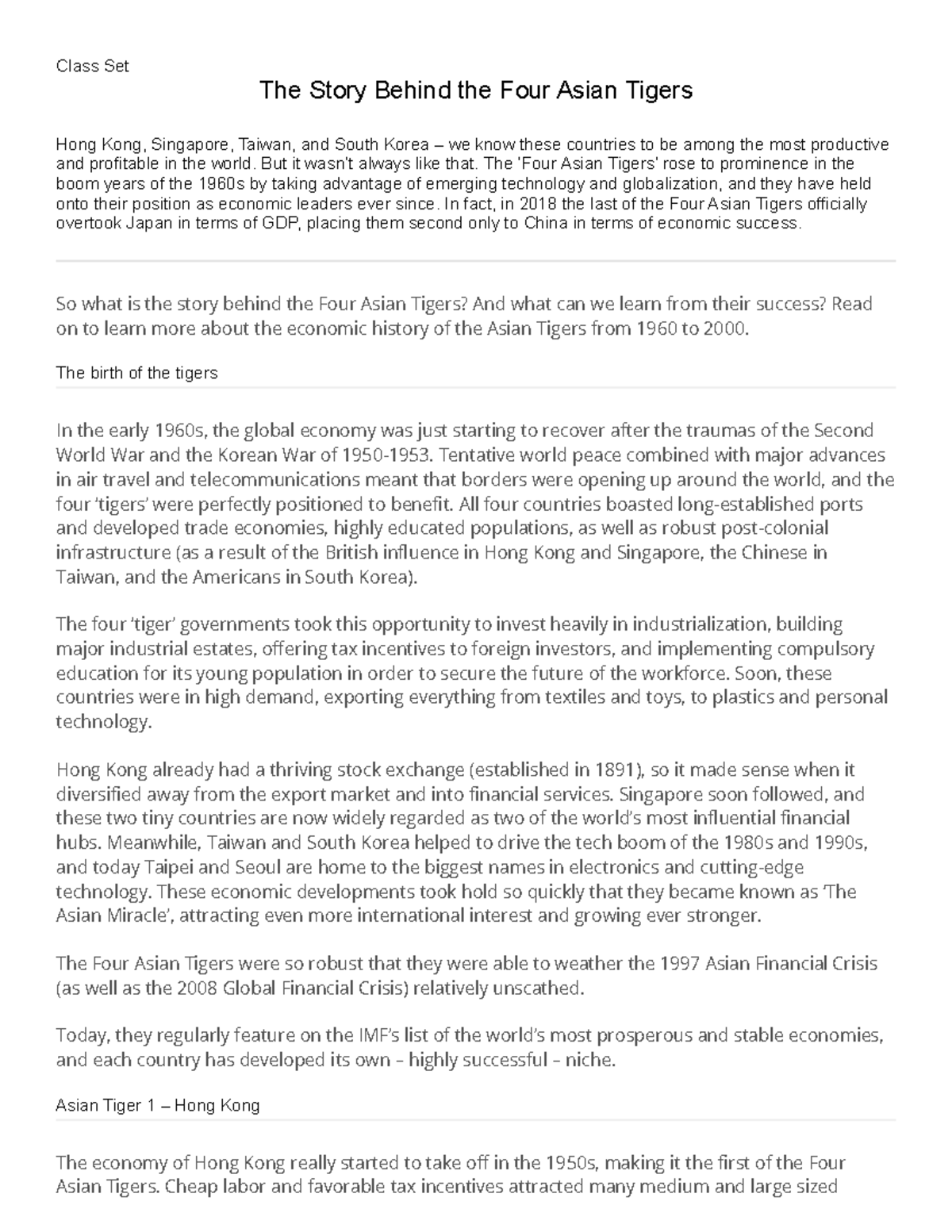 The Story Behind the Four Asian Tigers - Class Set The Story Behind the ...