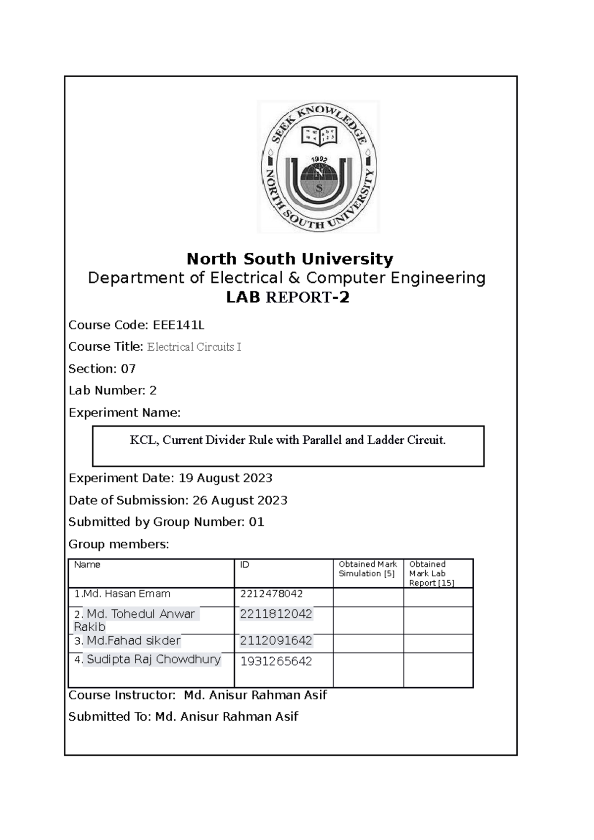 Lab Cover Page - hgjfgihk - North South University Department of ...