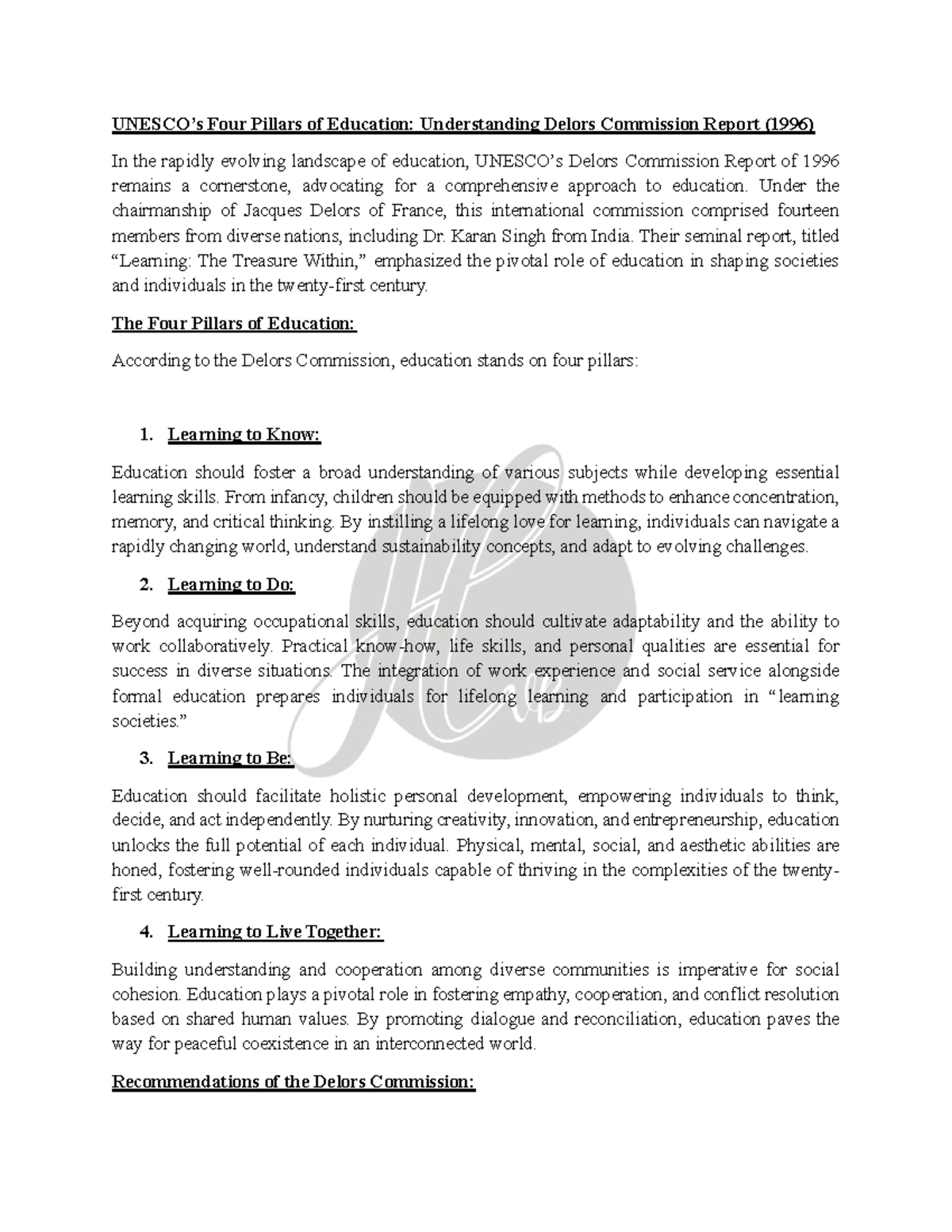 Peace education - UNESCO’s Four Pillars of Education: Understanding ...