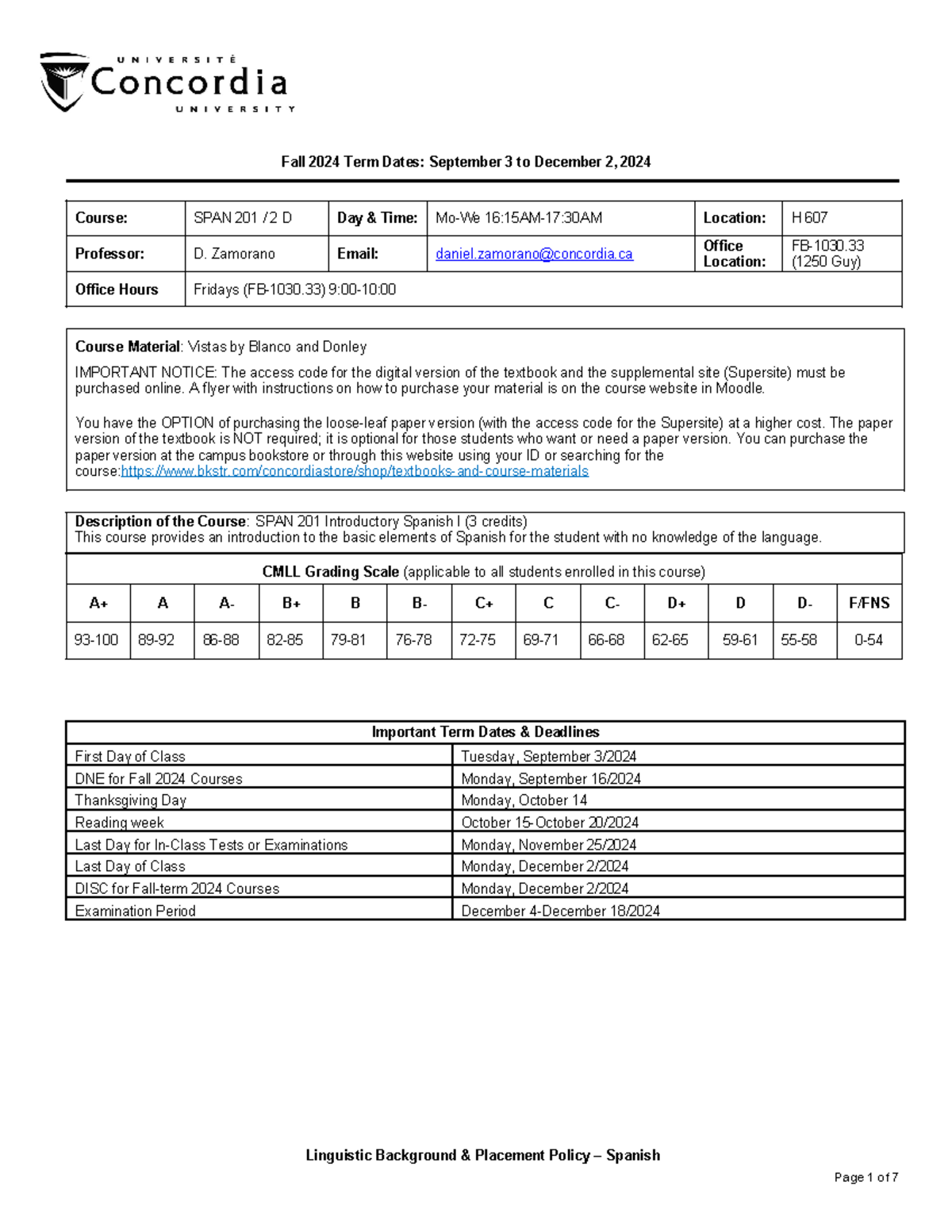 SPAN 201 2 D Outline Fall-2024 DZamorano - Fall 2024 Term Dates ...