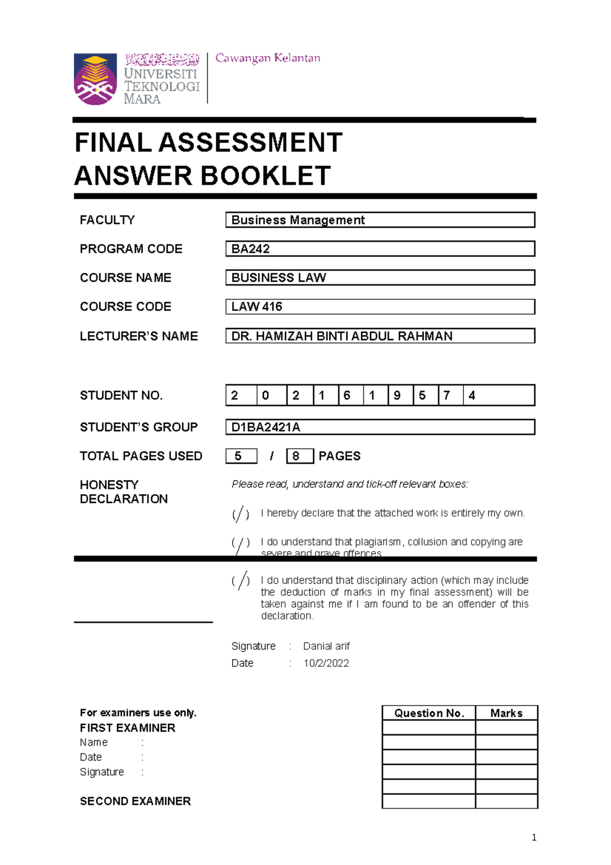 Muhammad Danial ARIF BIN MOHD Sabri D1 BA242 1A LAW416 - FINAL ...