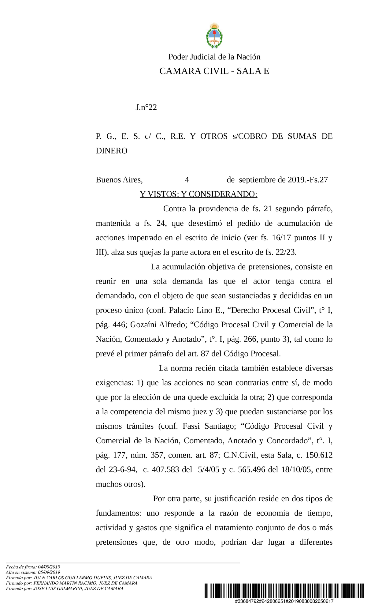 CNCiv. Sala E, P. G., E. S. c. C., R.E. y otros s. Cobros de sumas de ...