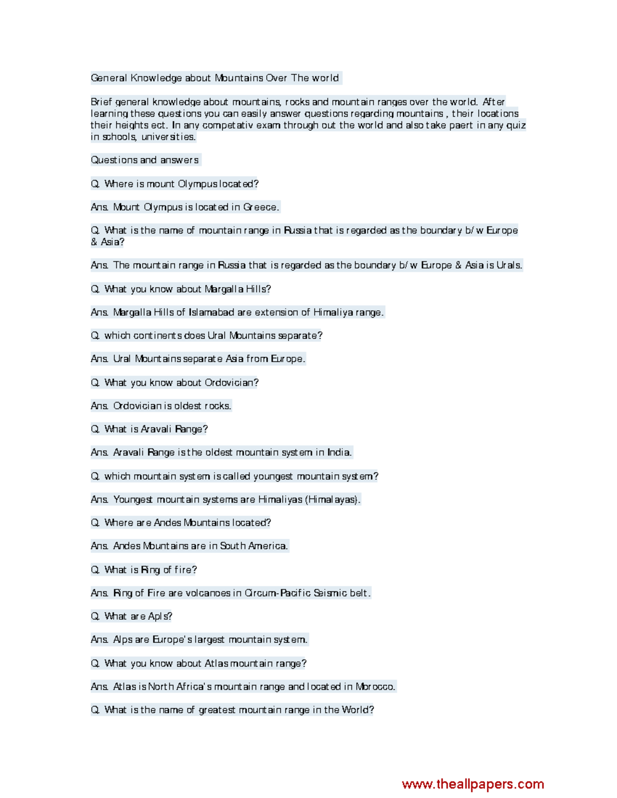 About Mountains Over The world - General Knowledge about Mount ains ...