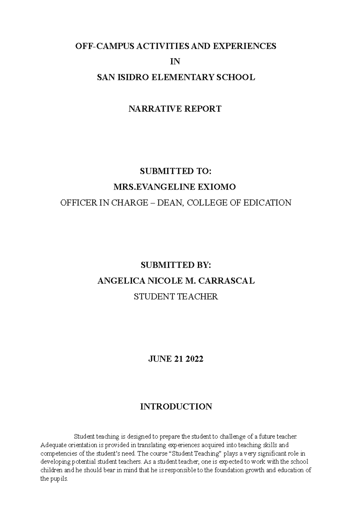 FOR MY Narrative Report - OFF-CAMPUS ACTIVITIES AND EXPERIENCES IN SAN ...