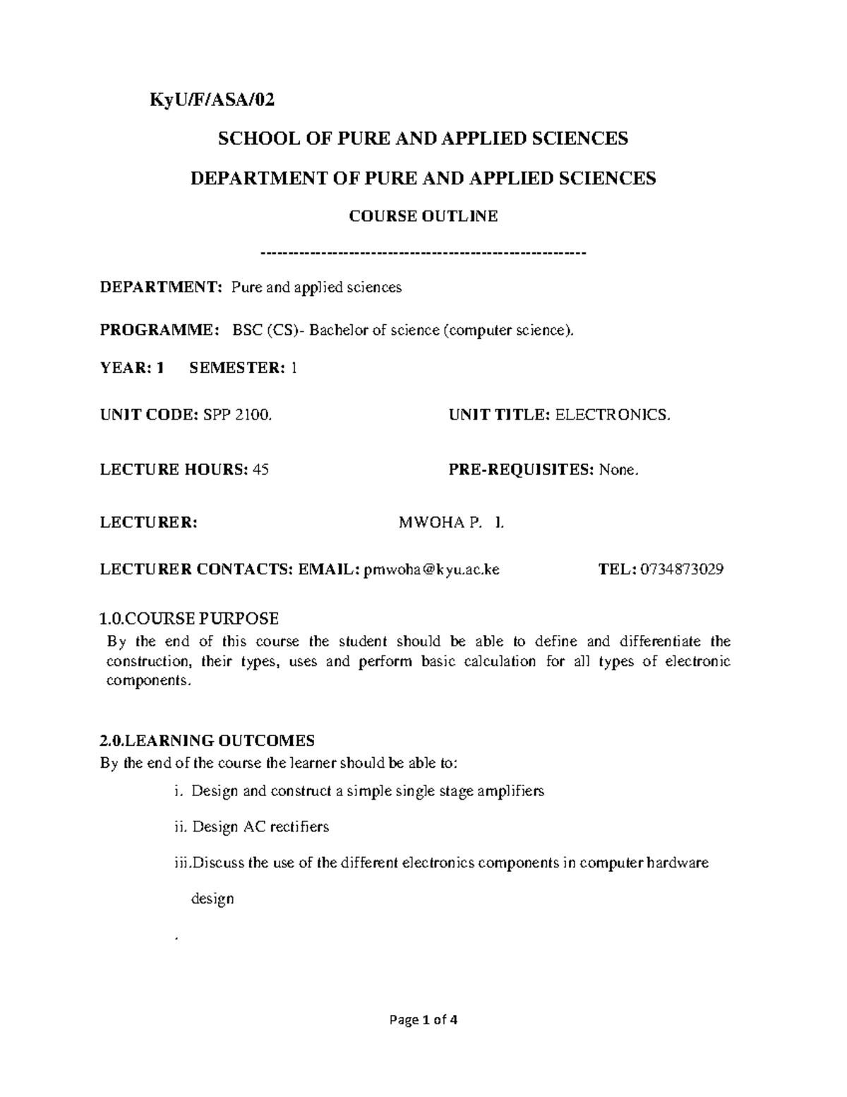 Course Outline - GOOD - KyU/F/ASA/ SCHOOL OF PURE AND APPLIED SCIENCES ...