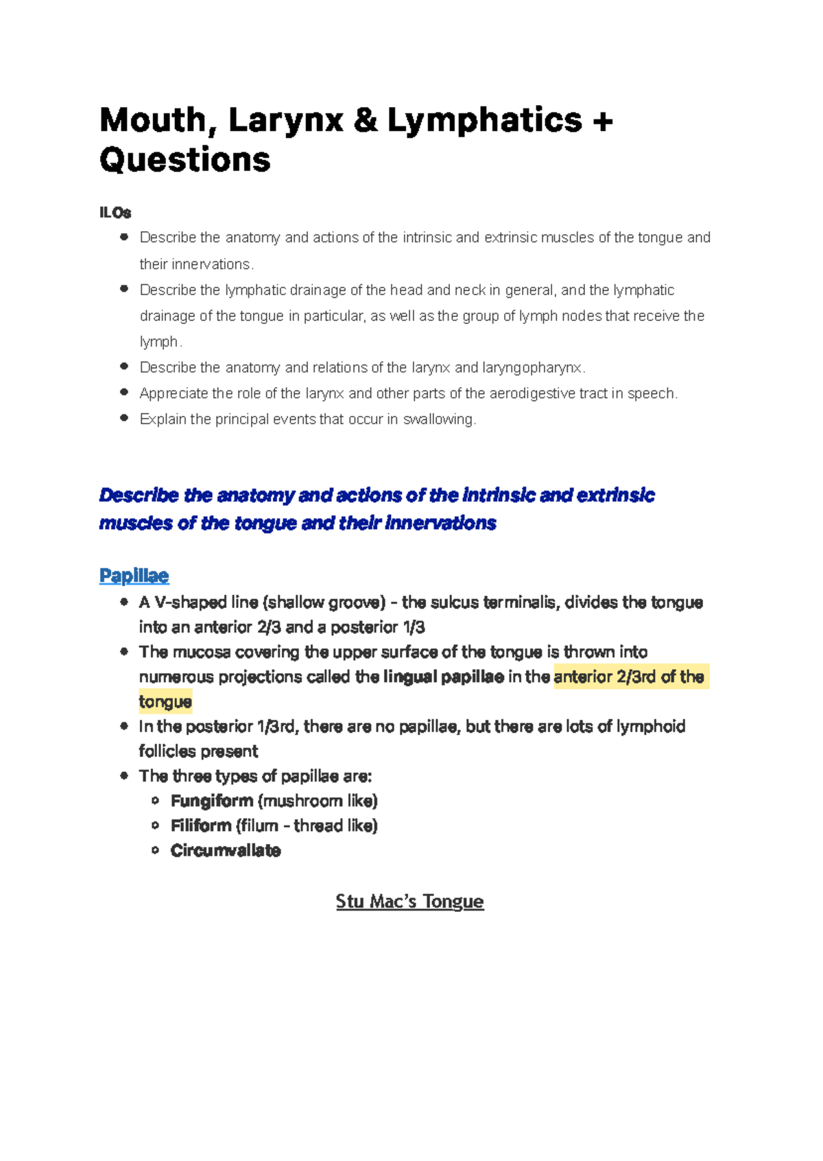 Mouth, Larynx and Lymphatics, Questions - M o u t h , L a r y n x & Ly ...
