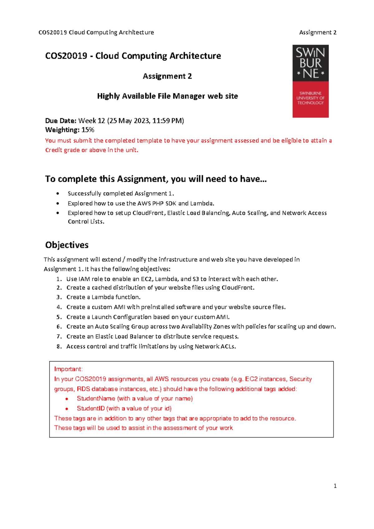 Assignment 2 Important In Your Cos20019 Assignments All Aws Resources You Create E Ec2