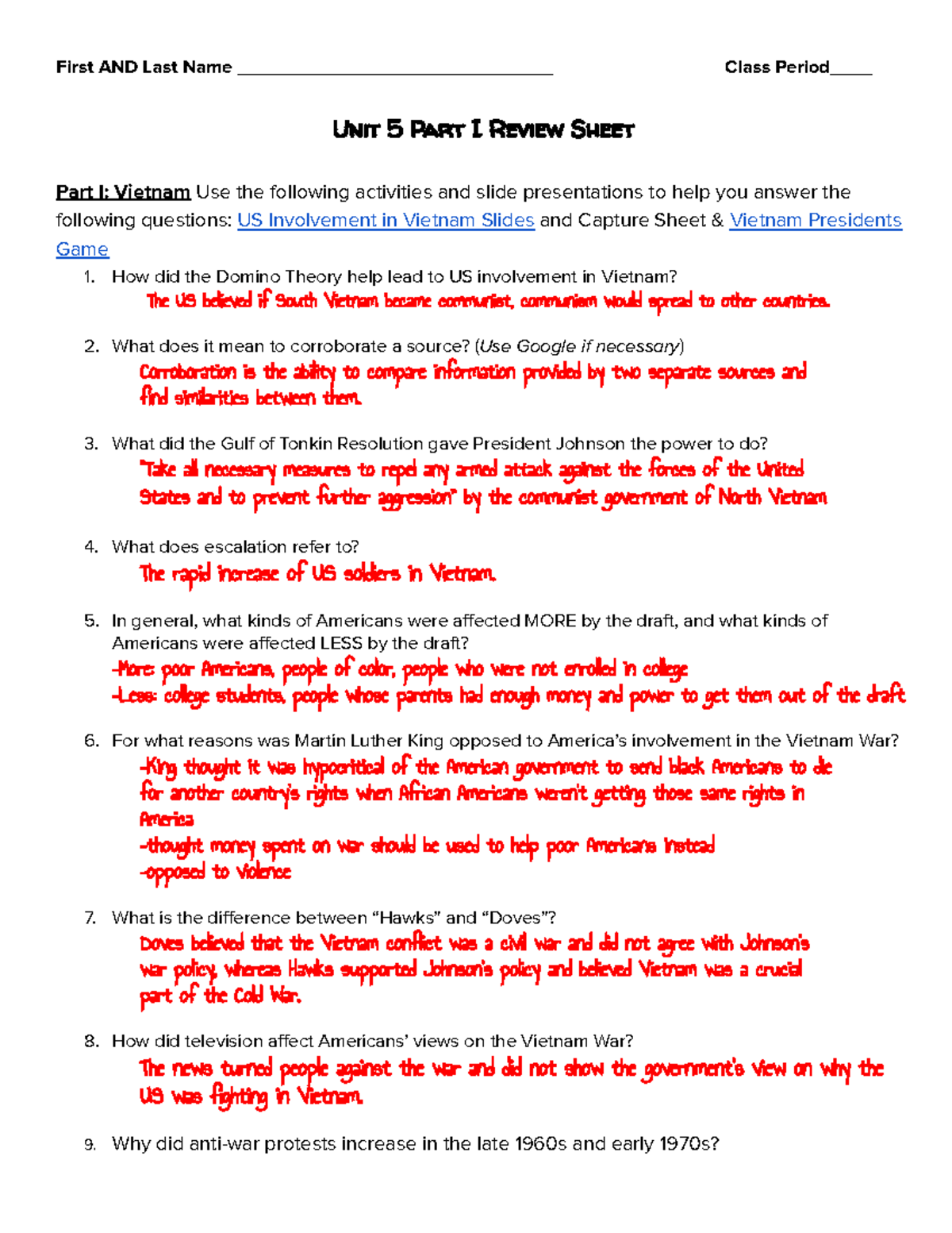 Unit 5 Part I Review Sheet KEY - First AND Last Name ...
