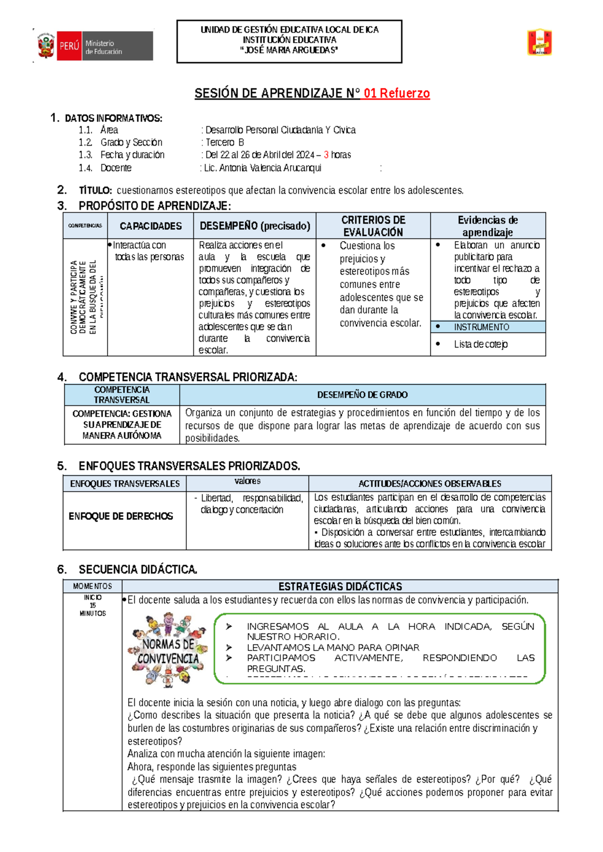 Sesión DE Aprendizaje N1 refuerzo 3b - SESIÓN DE APRENDIZAJE N° 01 Refuerzo 1. DATOS ...