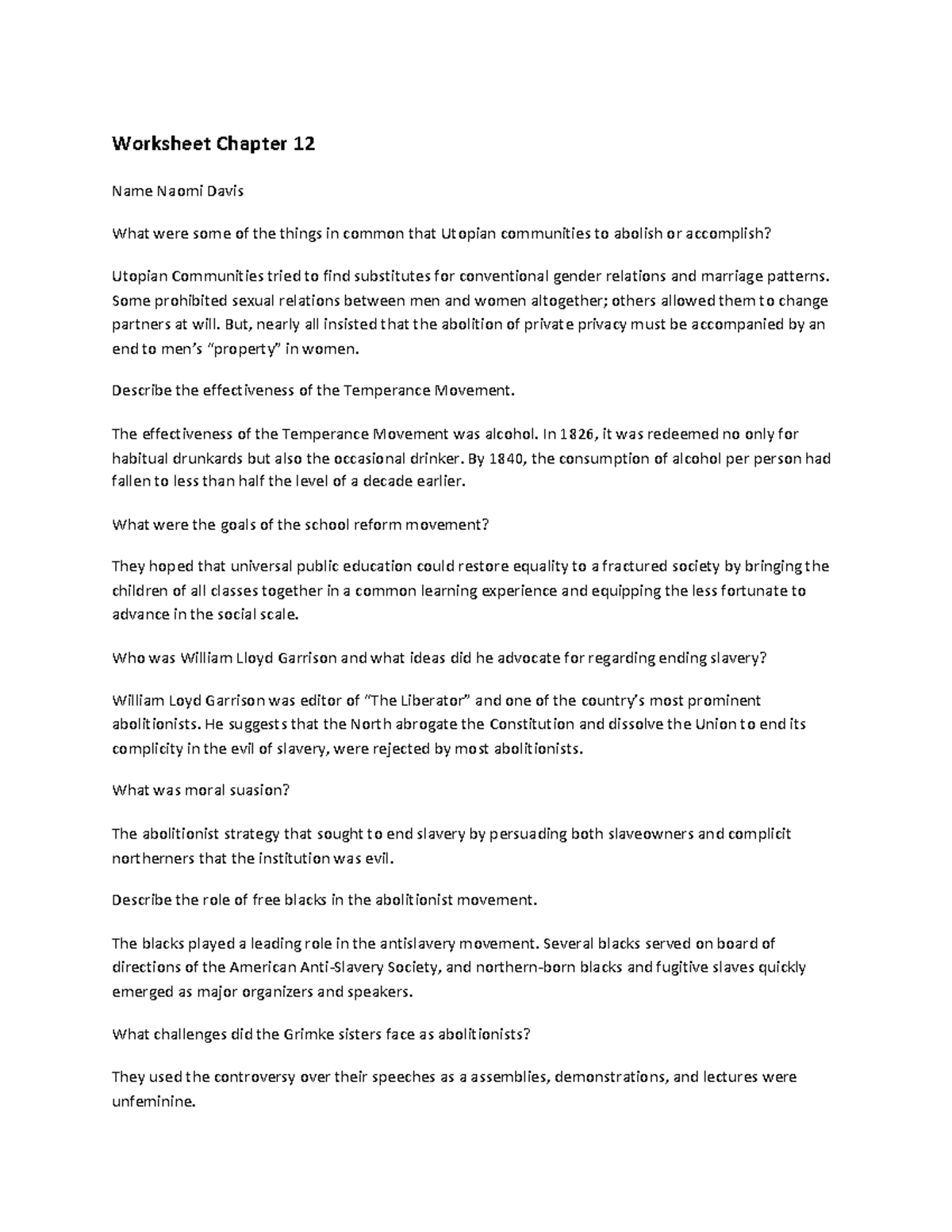 Worksheet Chapter 12 - The issues Abolitionist Movement in the 1840s ...