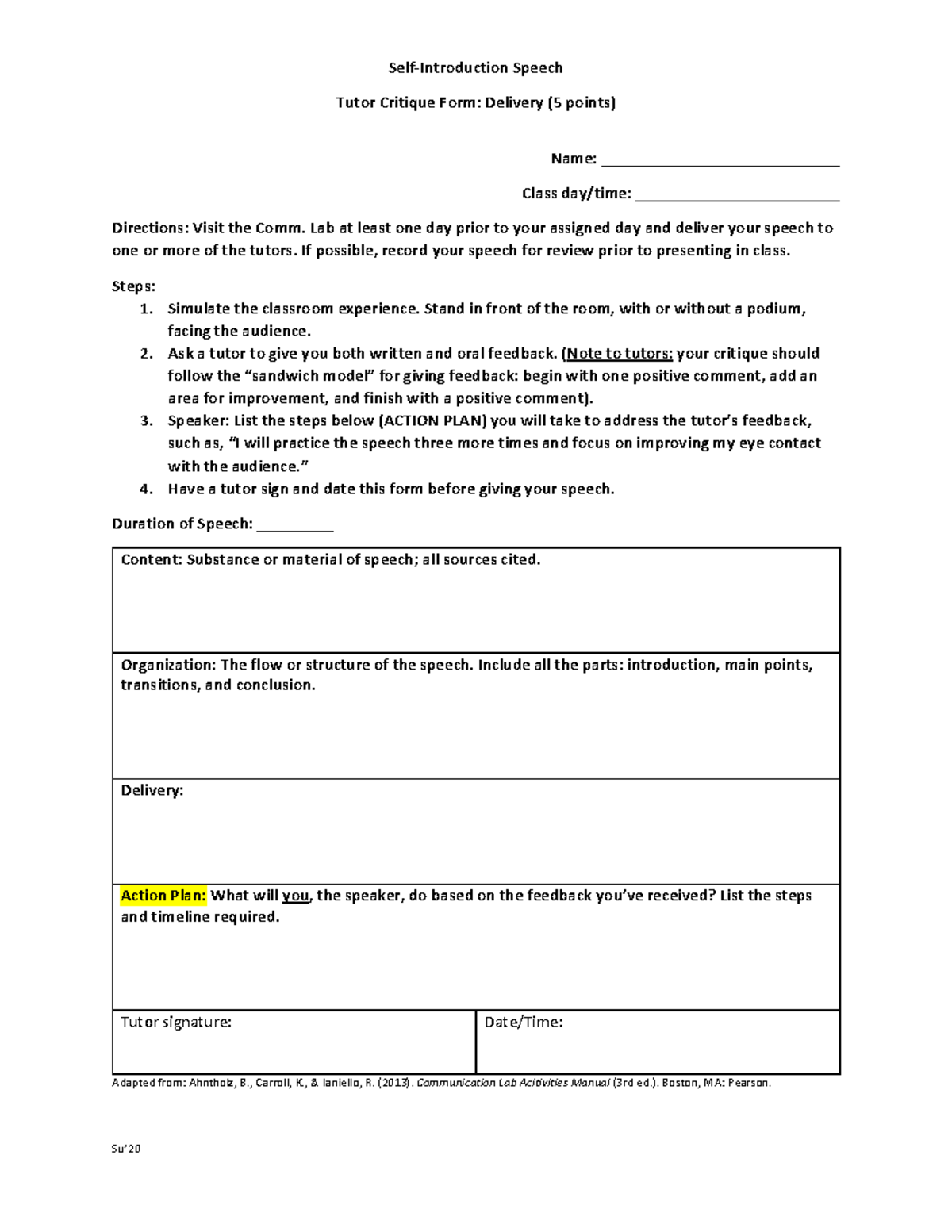 Self Intro Delivery Tutor Critique form Chabot Su'20 - Self ...