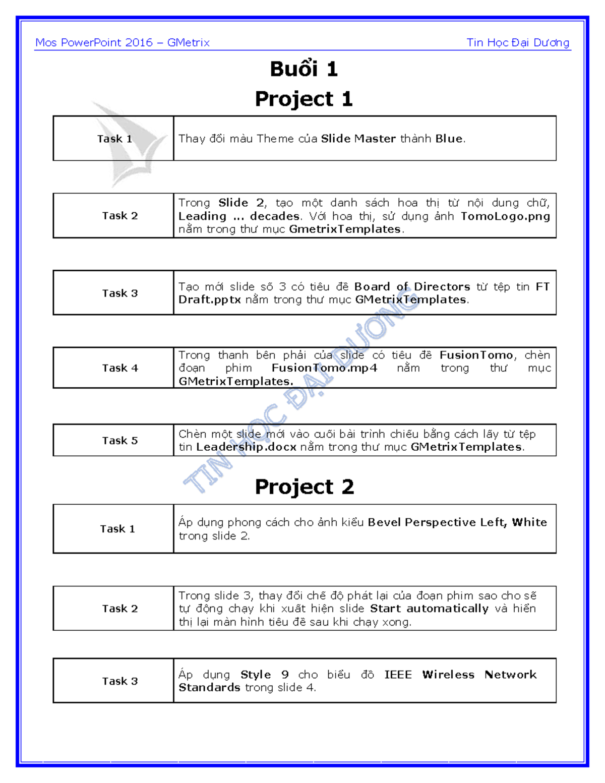 Tai lieu MOS PP Buoi 1 - mos - Mos PowerPoint 2016 – GMetrix Tin Học Đại Dương Buổi 1 Project 1 ...