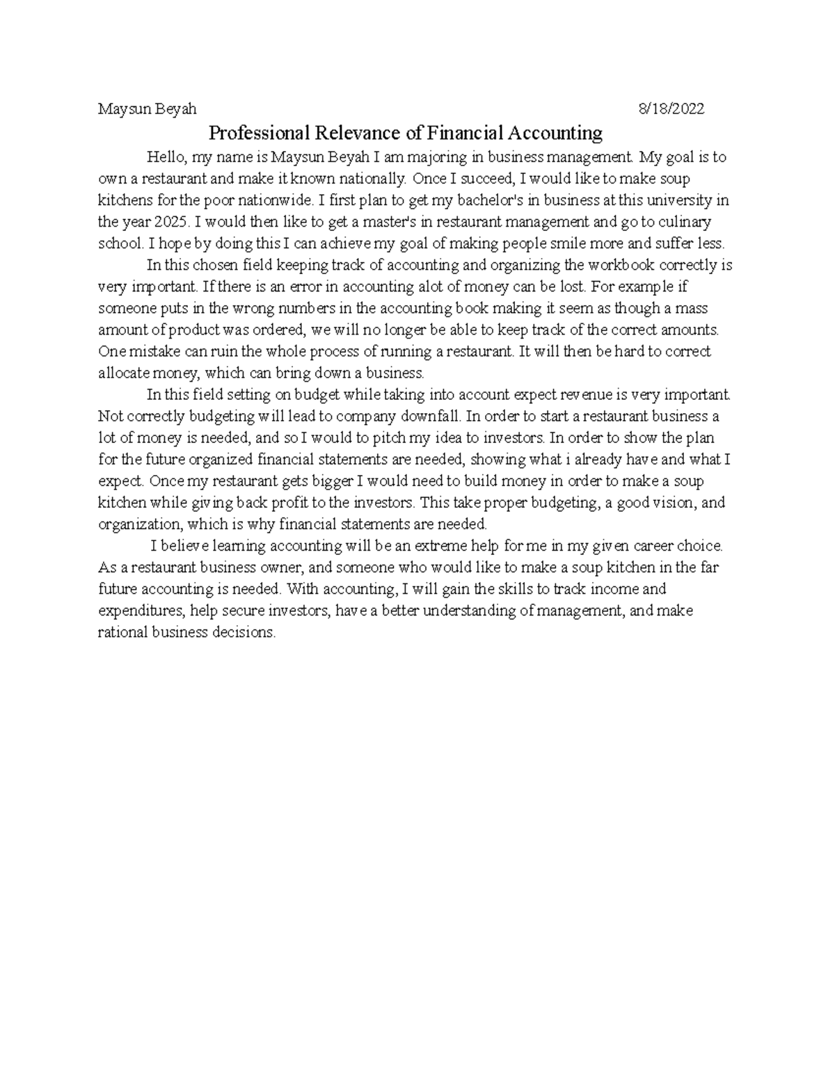 Professional Relevance of Financial Accounting - Maysun Beyah 8/18 ...