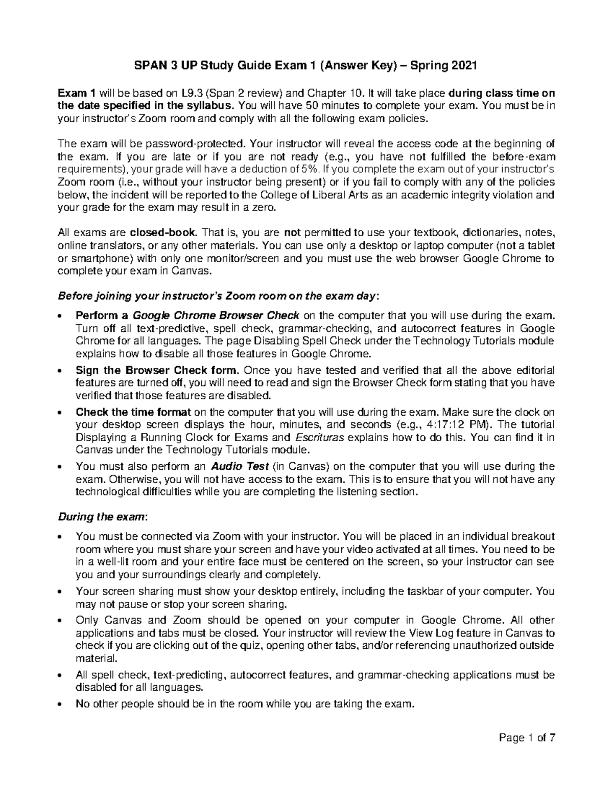 Answer Key - Study Guide Exam 1 - SPAN 3 UP Study Guide Exam 1 (Answer ...