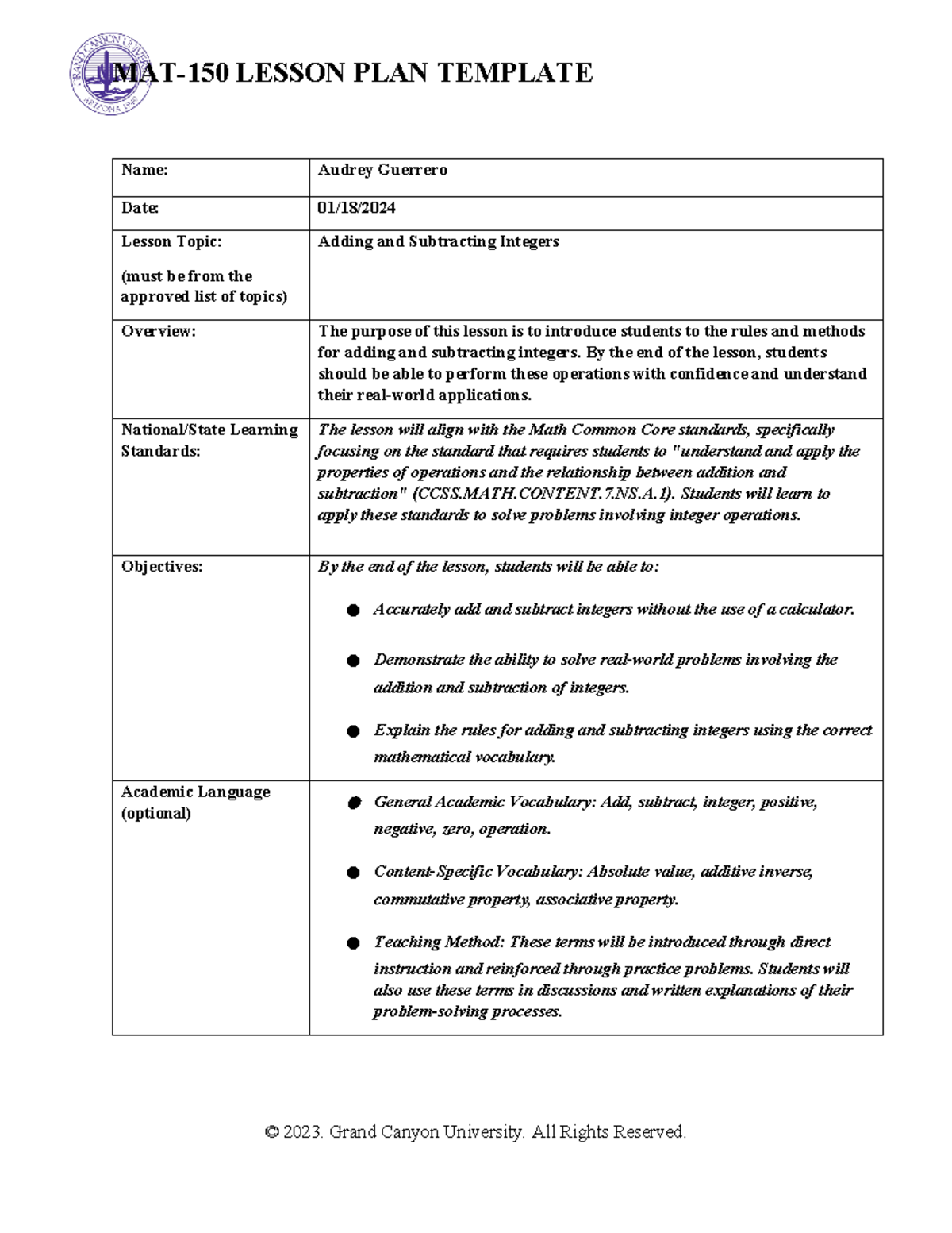 Guerrero, Audrey MAT-150 Lesson Plan Final Project - Name: Audrey ...