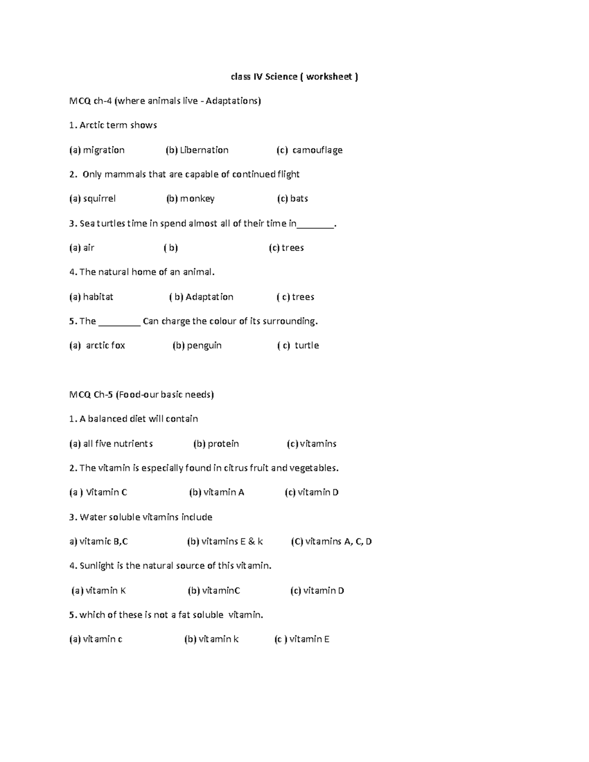 Class 4 science - class IV Science ( worksheet ) MCQ ch-4 (where ...