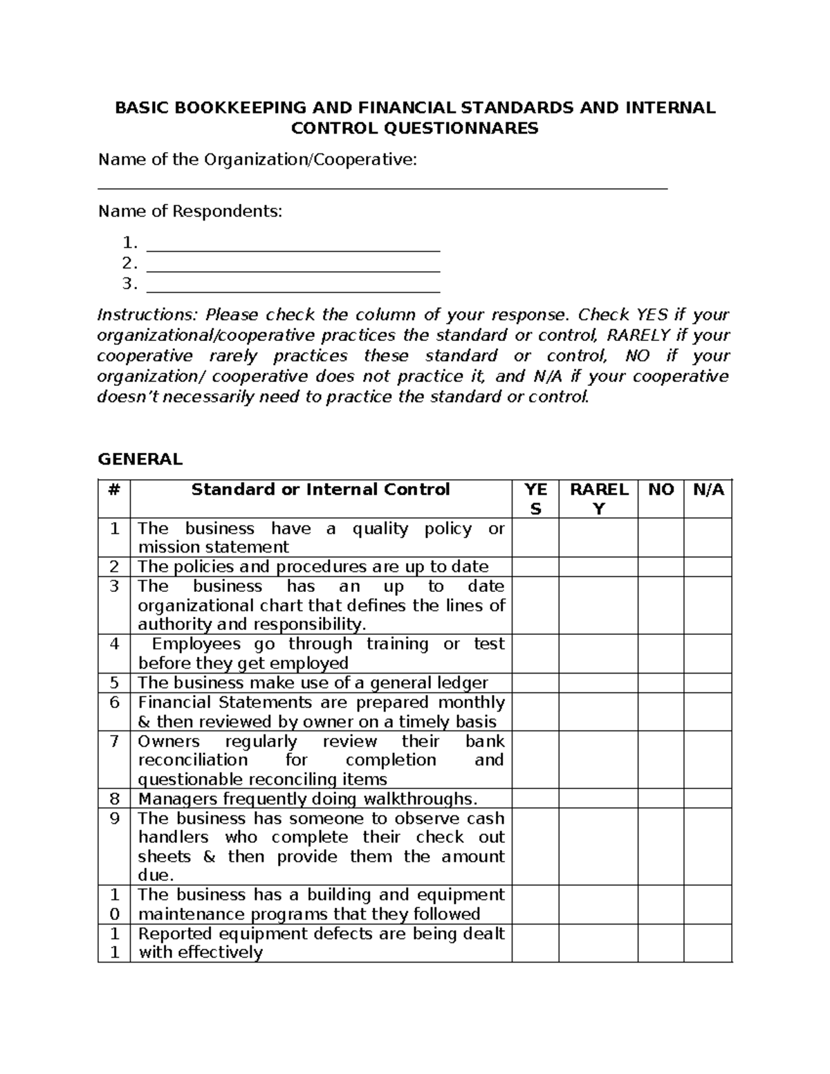 Audit Sample Internal Questionnaire - BASIC BOOKKEEPING AND FINANCIAL ...