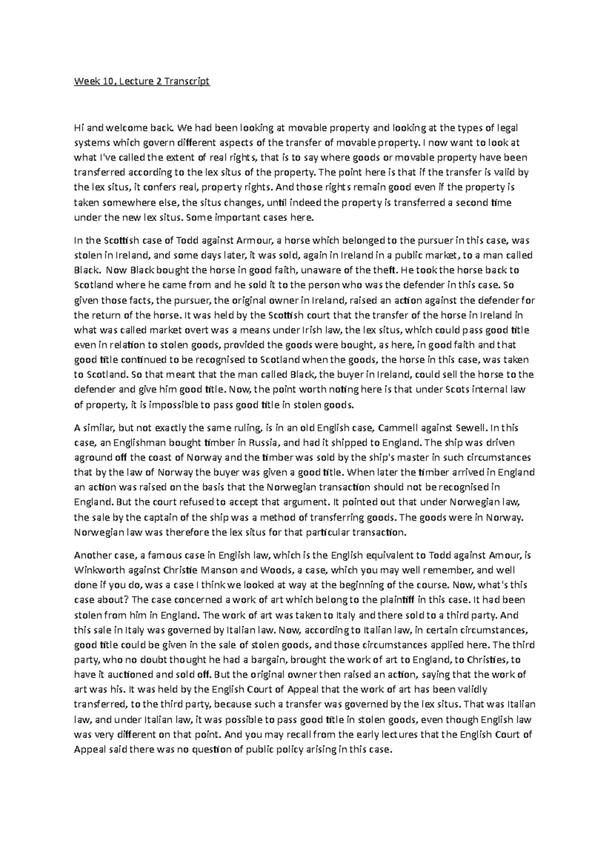 Week 10 Lacture 2 Transcript - Week 10, Lecture 2 Transcript Hi and welcome back. We had been ...