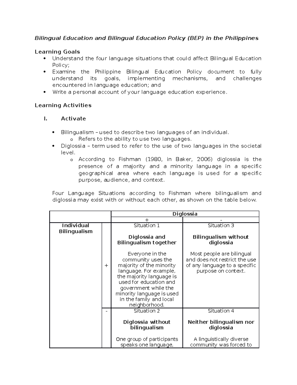 Bilingual Education - Learning Activities I. Activate Bilingualism ...