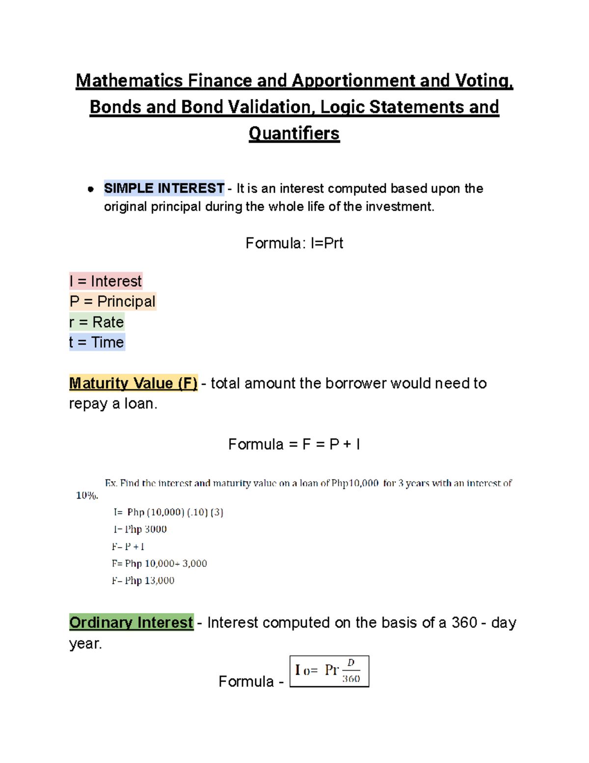 MATH Notes WEEK 11-12 - Mathematics Finance and Apportionment and ...