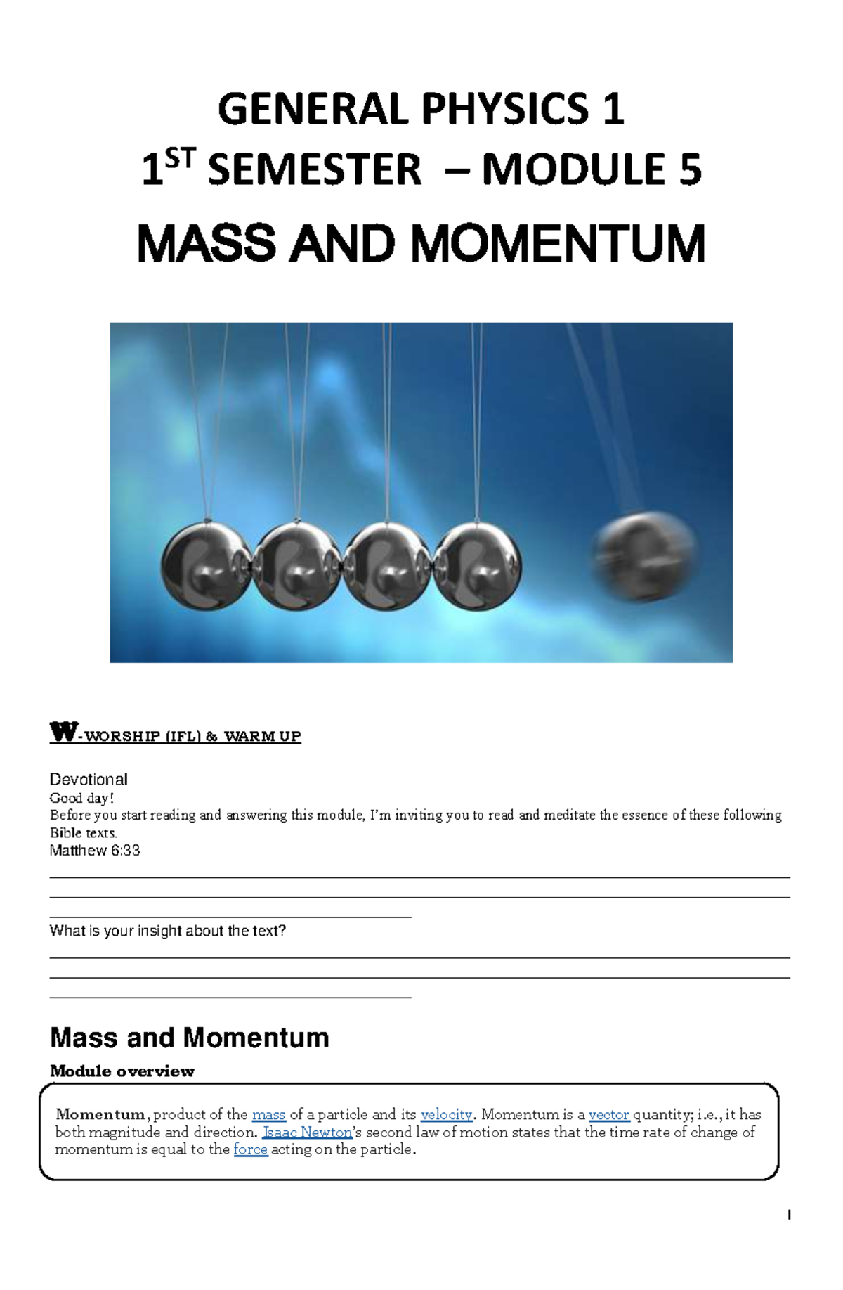General Physics MASS AND Momentum - GENERAL PHYSICS 1 1 ST SEMESTER ...