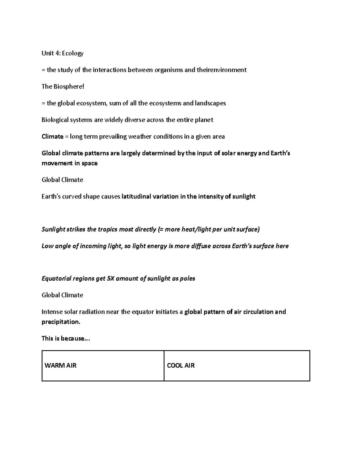 Unit 4 bsc pt 1 notes - Unit 4: Ecology = the study of the interactions ...