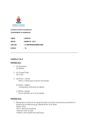 Study Guide STW 211 - Study Guide AFRICAN LANGUAGES SETSWANA GRAMMAR STW 211 Table of Contents 1 ...