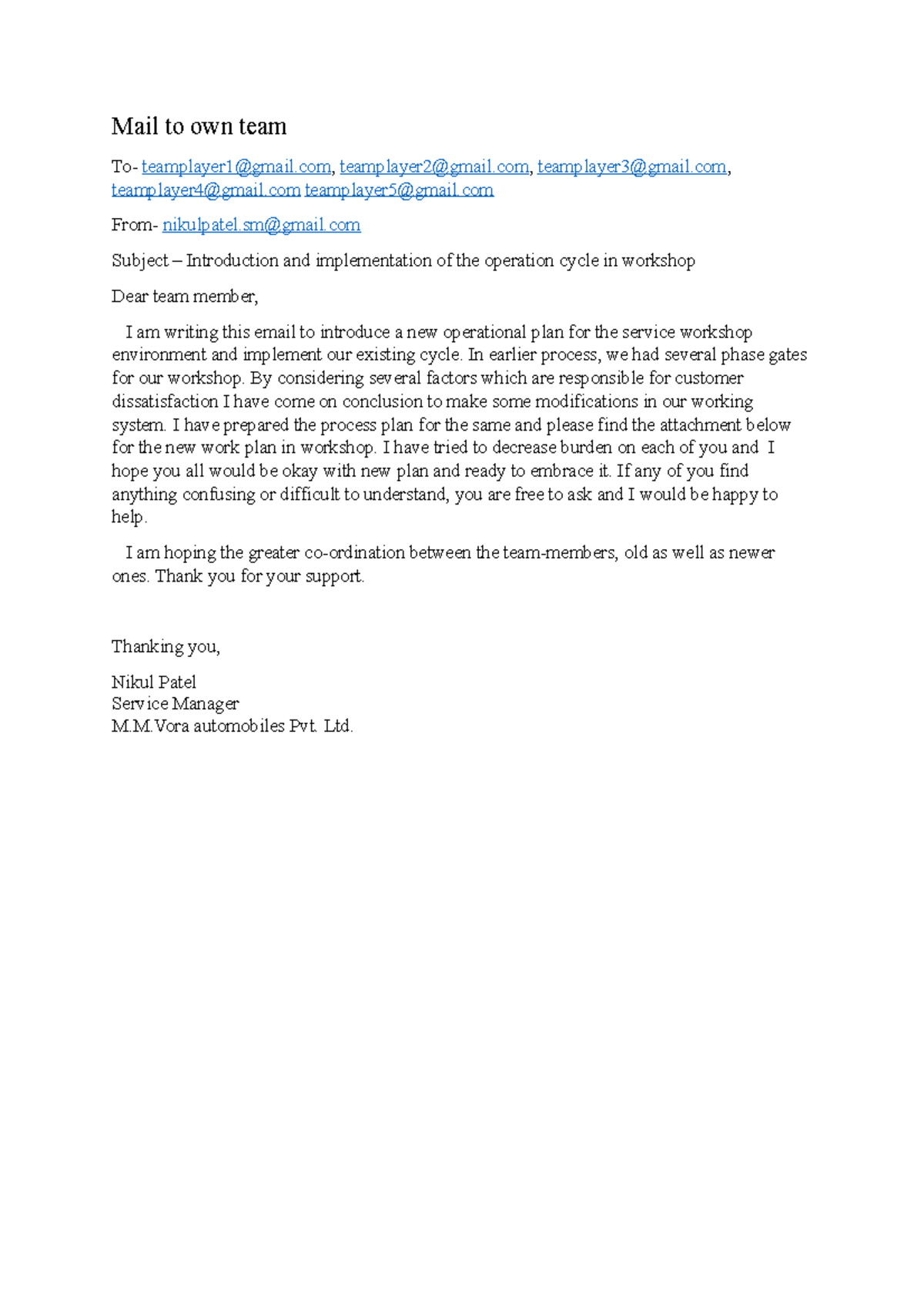 Workshop team email - Mail to own team To- teamplayer1@gmail ...