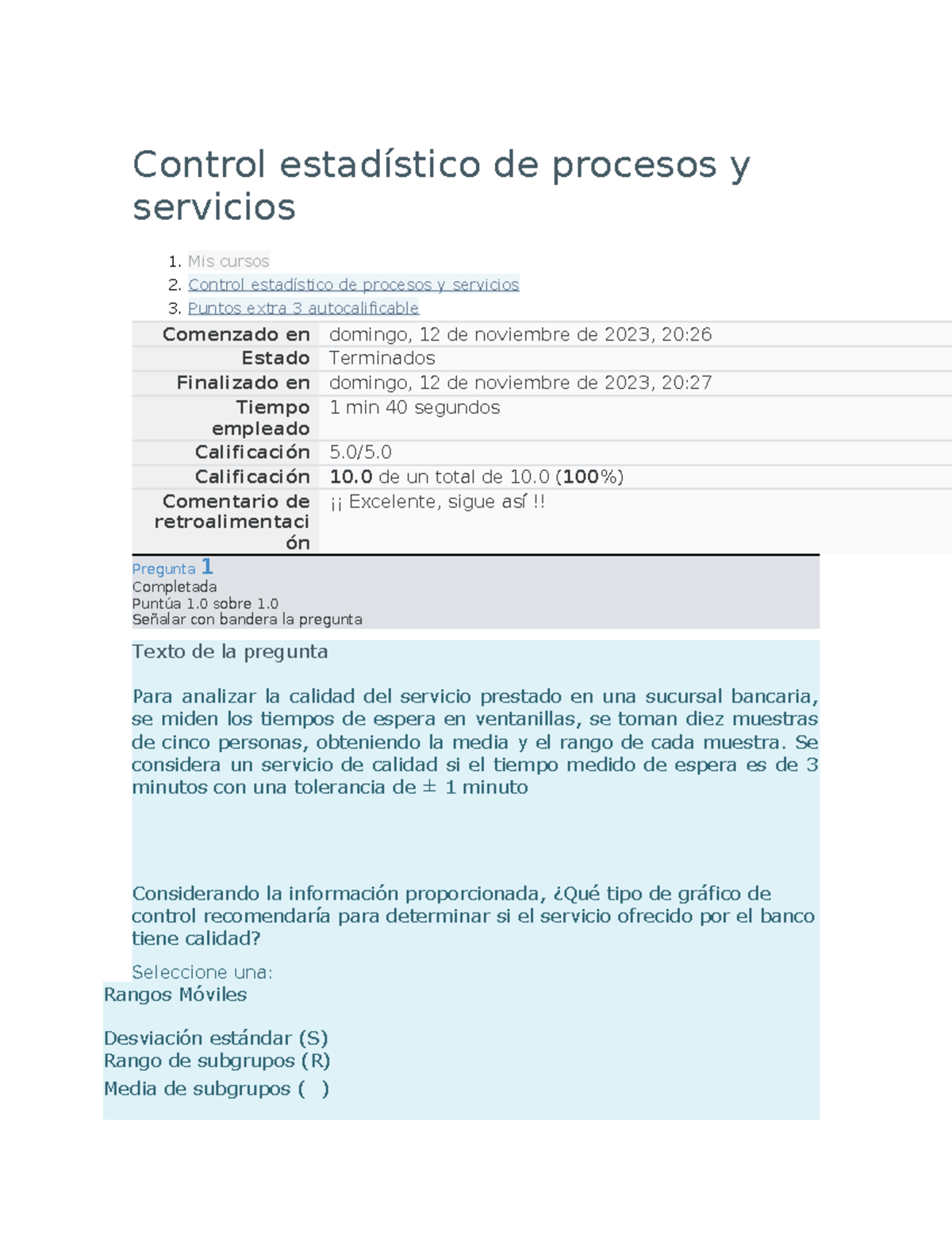 Control estadístico de procesos y servicios extra 3 - Control estadístico de procesos y ...