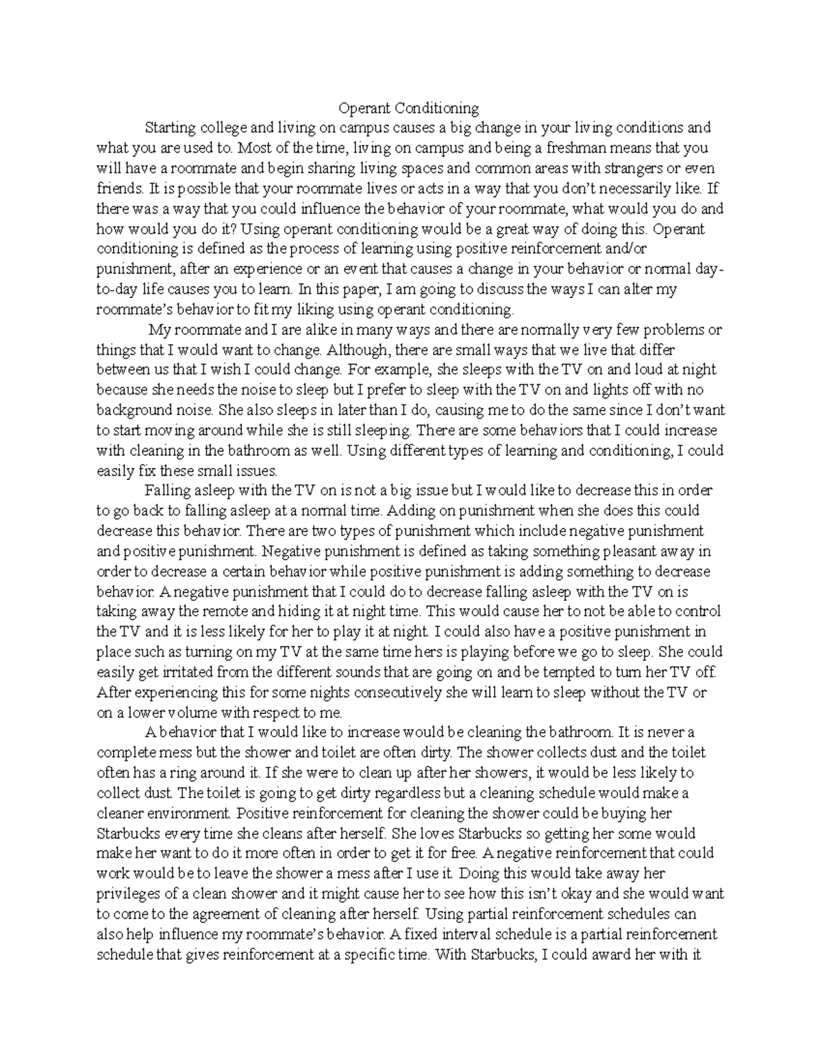 Operant Conditioning Paper - Operant Conditioning Starting college and ...