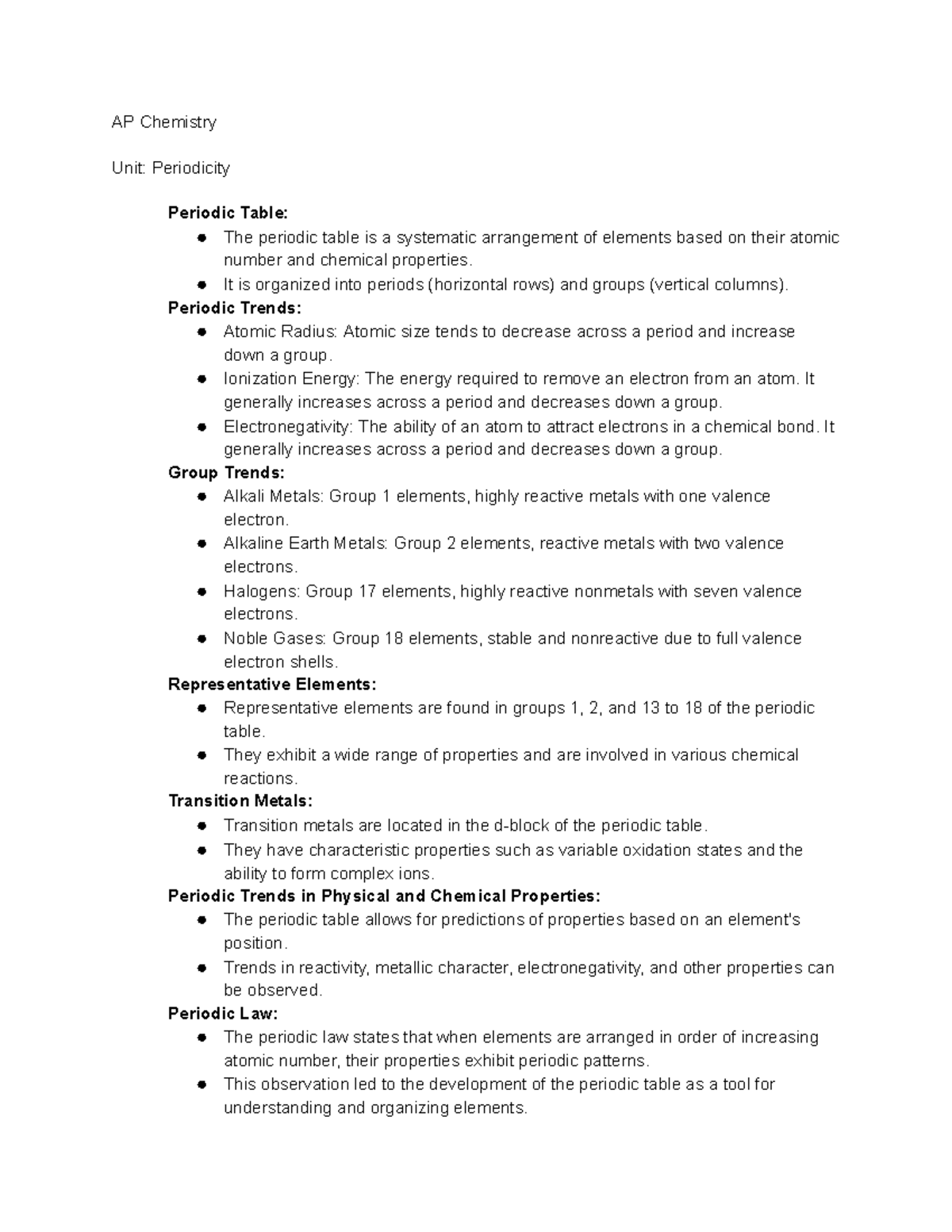 AP Chemistry - Periodicity - AP Chemistry Unit: Periodicity Periodic ...
