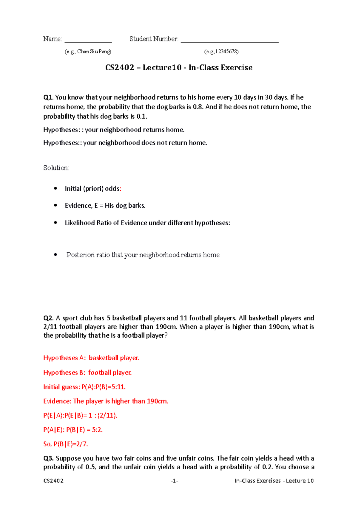 Ex-L10 - solution - Lecture 10 Exercise - Name: _____________ Student Number: - Studocu