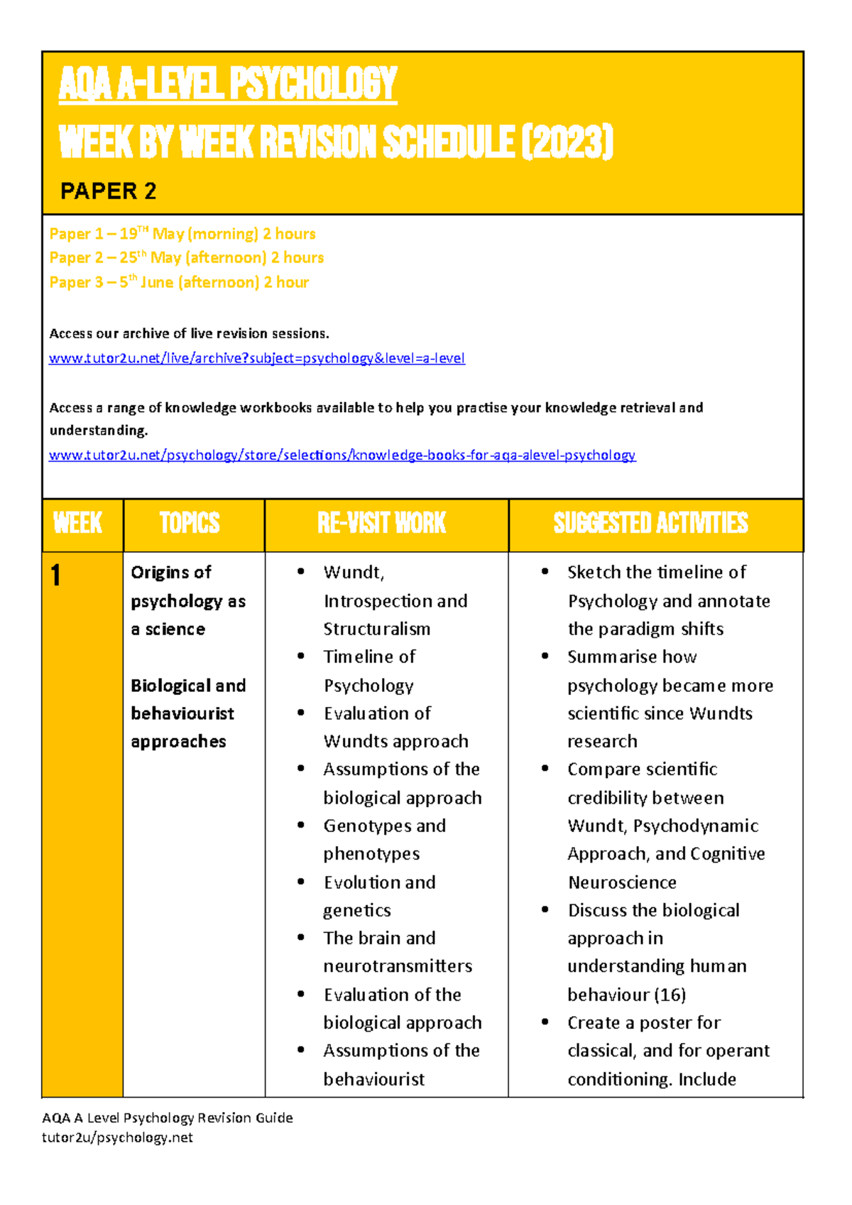 Psyc yr 2 revision timetable - AQA A-LEVEL PSYCHOLOGY week by week ...