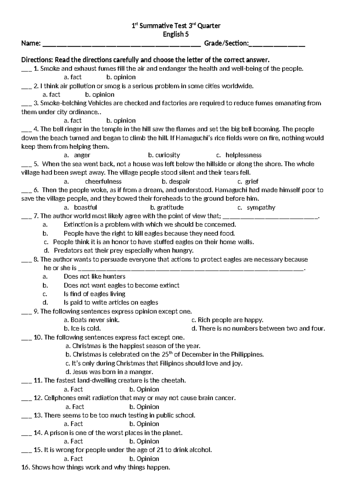 1st Summative Test 3rd Quarter - 1 st Summative Test 3rd Quarter ...