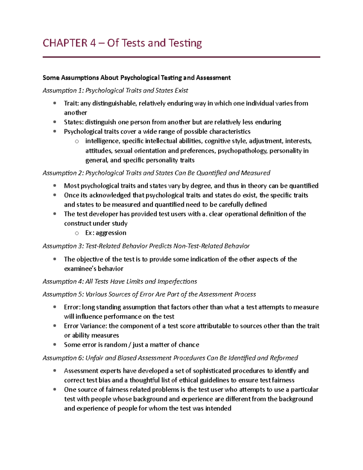 CH4 Notes - CHAPTER 4 – Of Tests and Testing Some Assumptions About ...