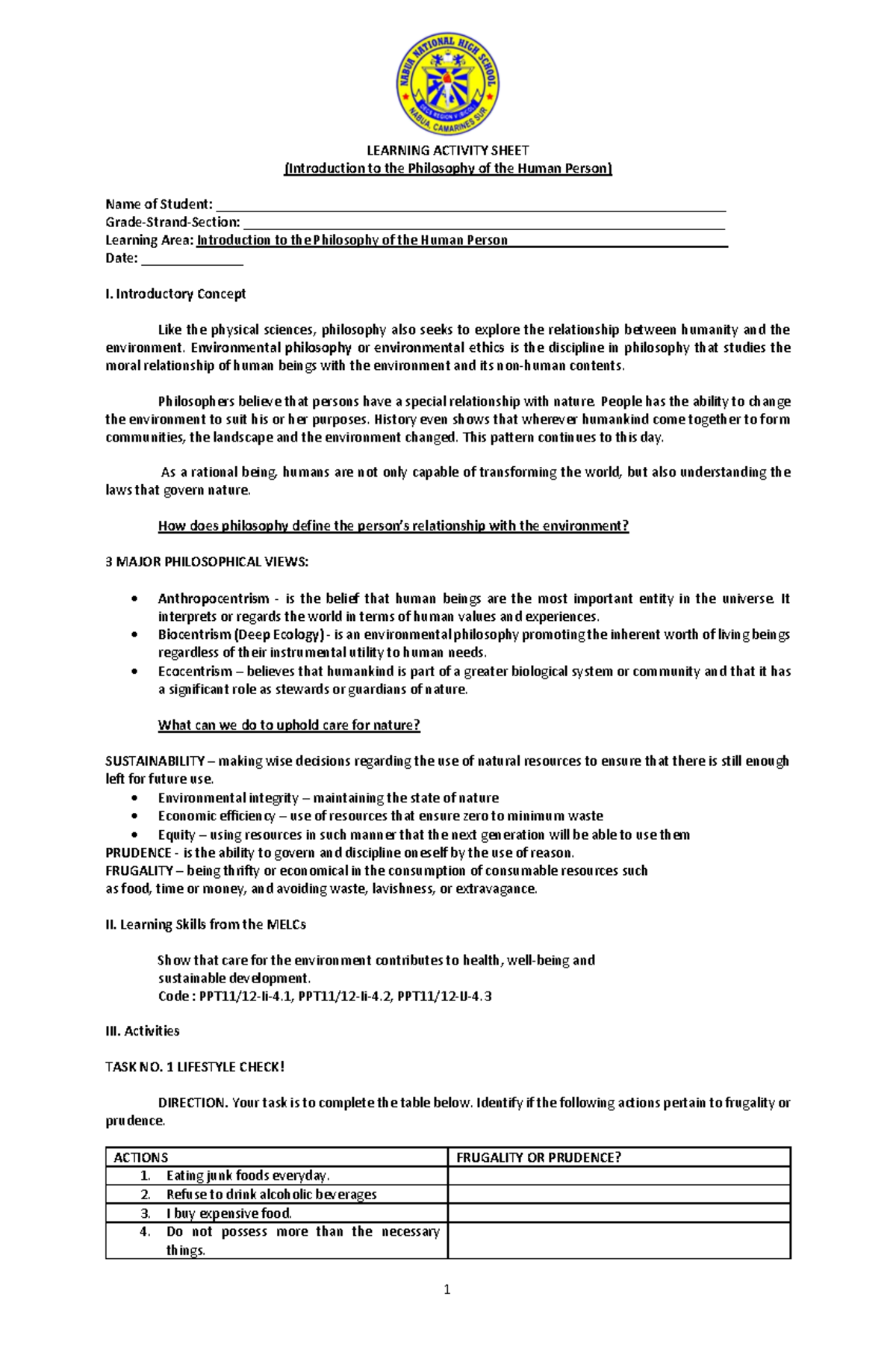 Philosophy-LAS-4 - This is a self learning module. - 1 LEARNING ...