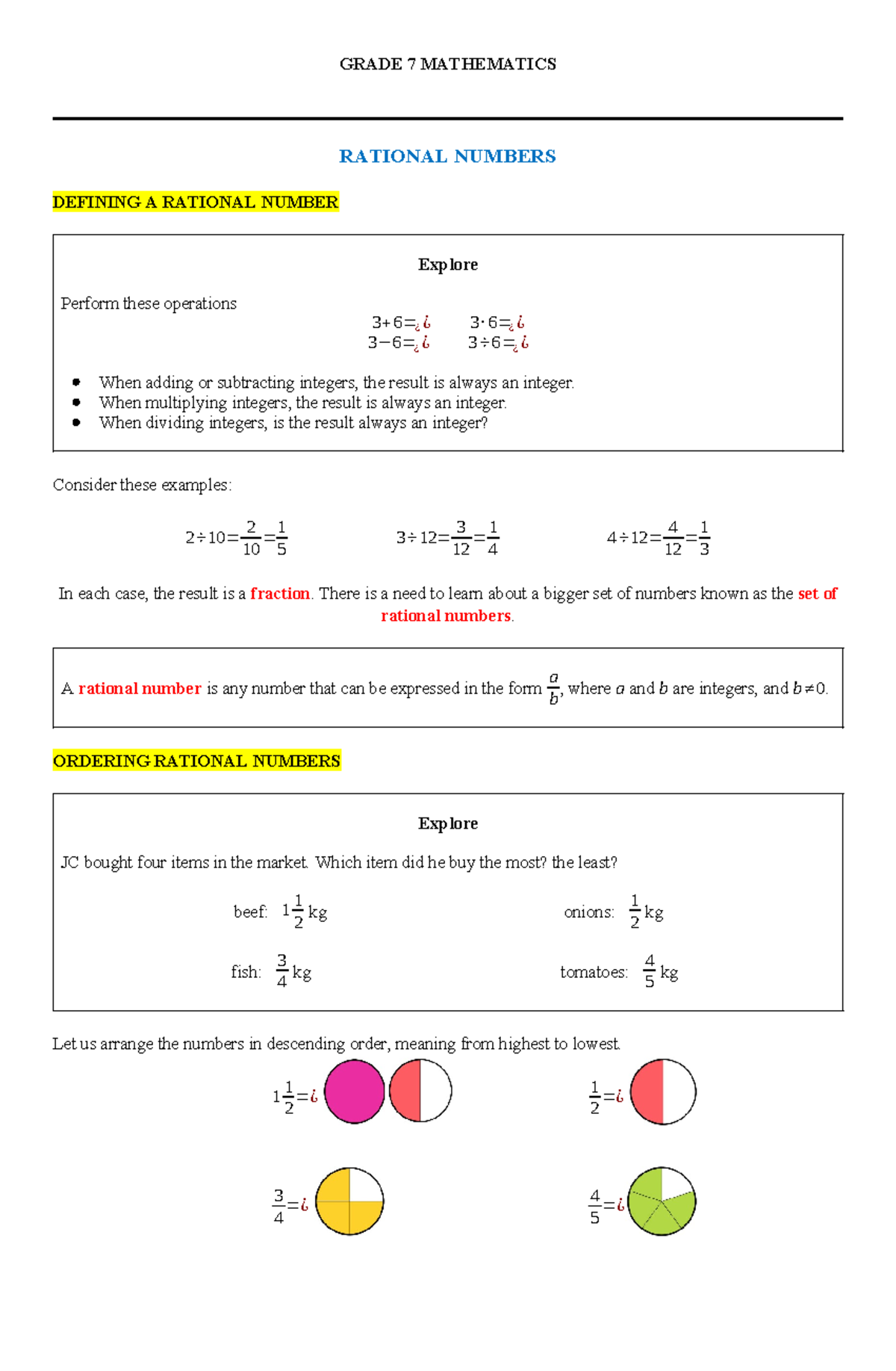 Rational Numbers - GRADE 7 MATHEMATICS RATIONAL NUMBERS DEFINING A ...