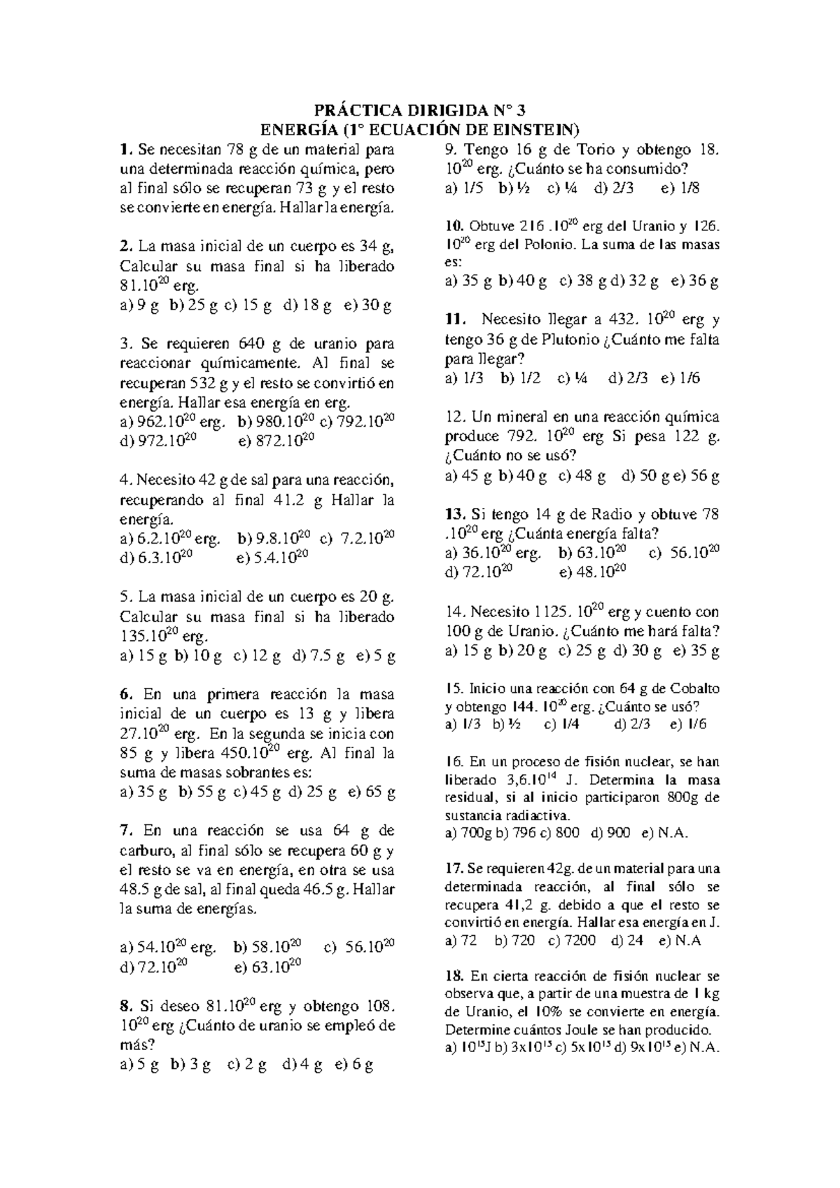 PR- Ctica Dirigida N3 Energia II 2 SEC - PRÁCTICA DIRIGIDA N° 3 ENERGÍA (1° ECUACIÓN DE EINSTEIN ...