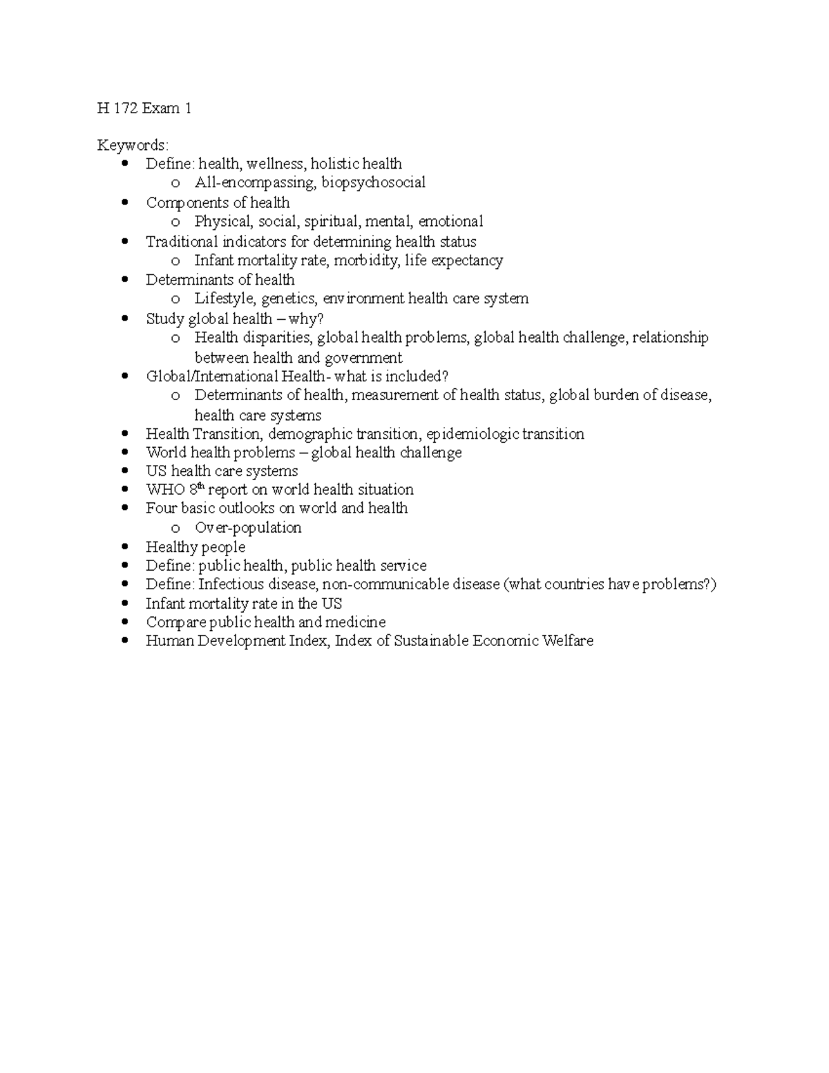 Study Sheet for Exam 1 - H 172 Exam 1 Keywords: Define: health ...