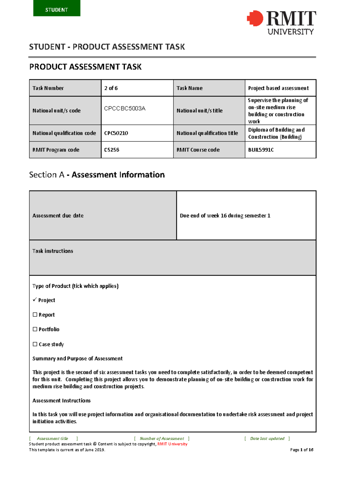 Project Based Assessment Cpccbc 5003A Task2 Student 191104 - BUIL5988C - RMIT University - Studocu