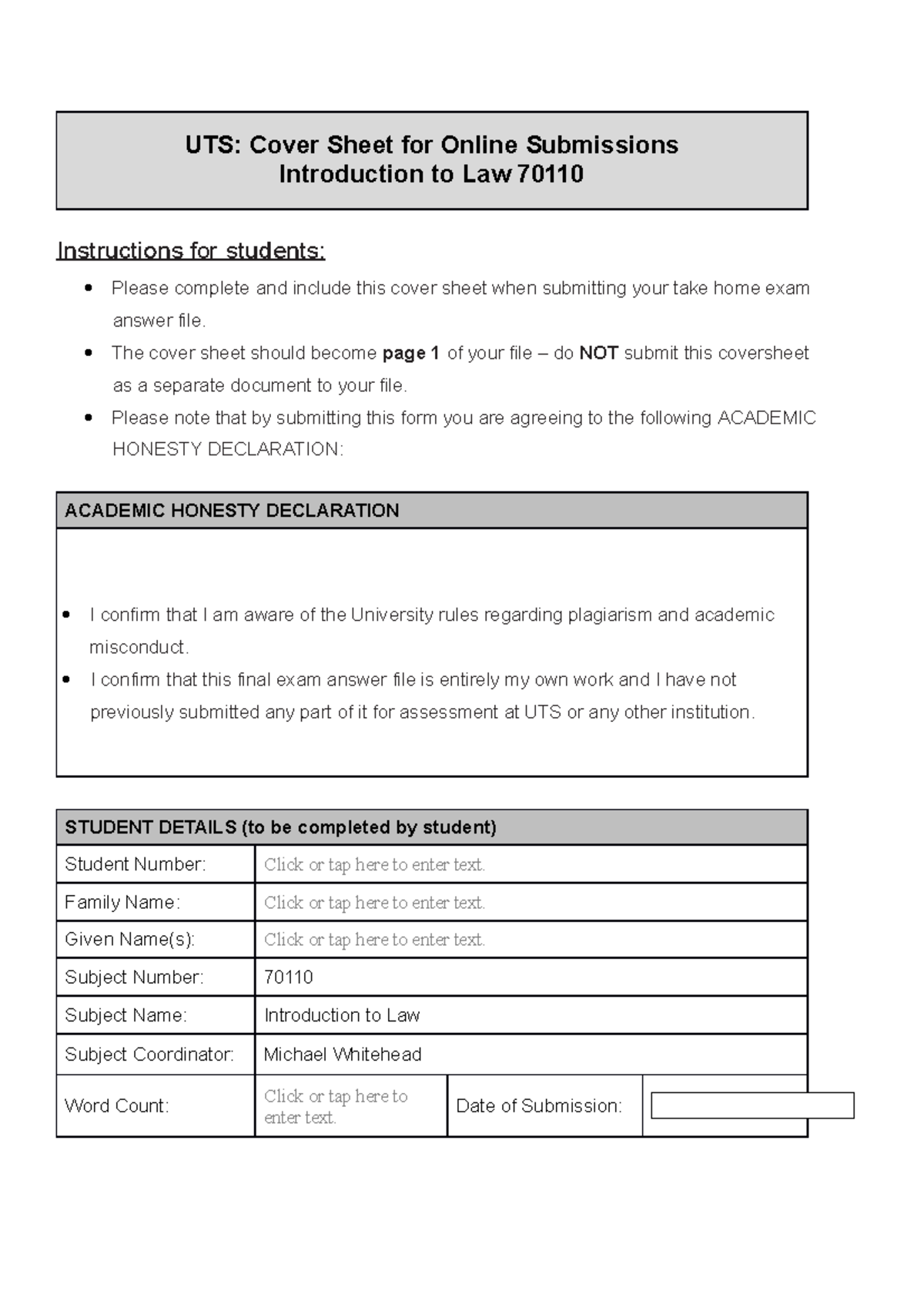 Final Exam Cover Sheet 70110-2 - UTS: Cover Sheet for Online ...