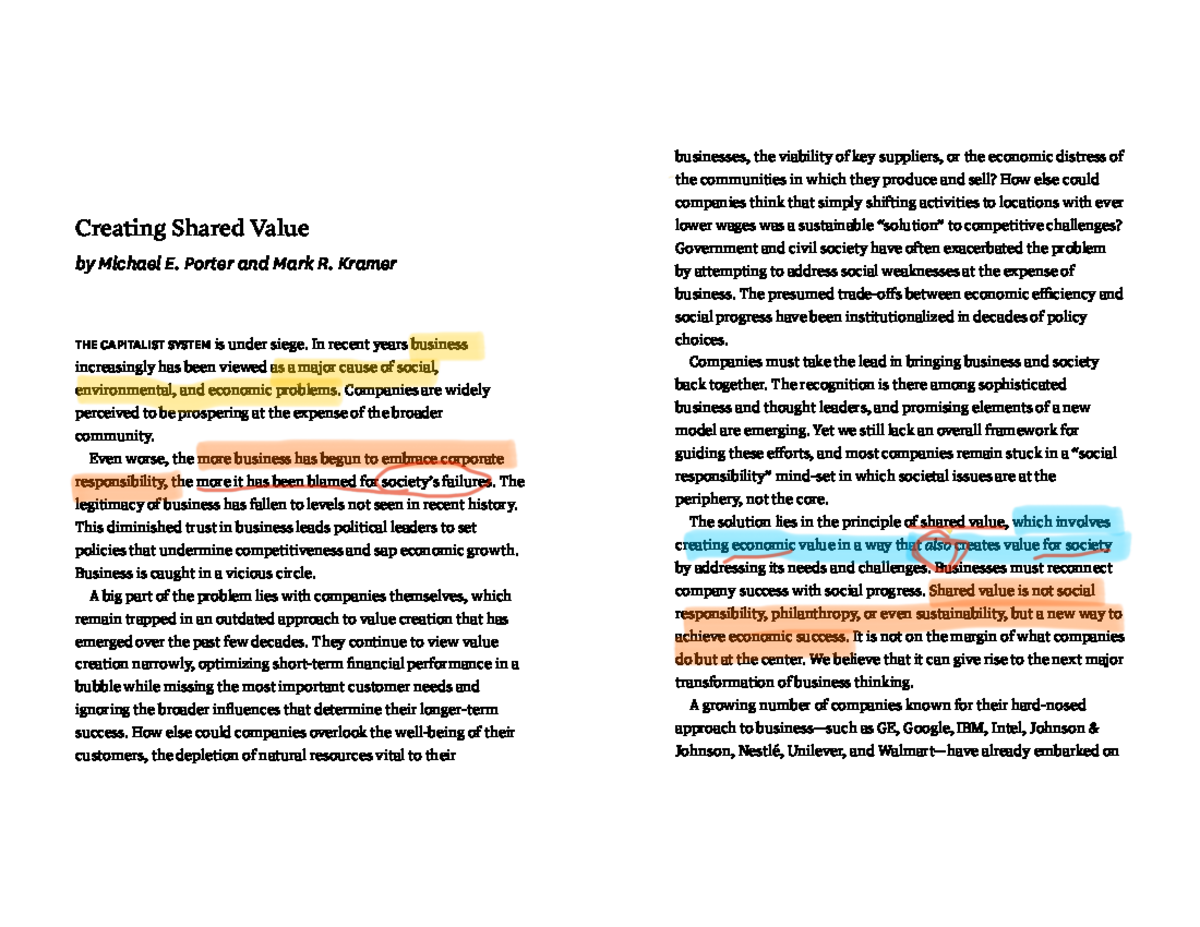 Creating Shared Value- Porter - Creating Shared Value by Michael E ...