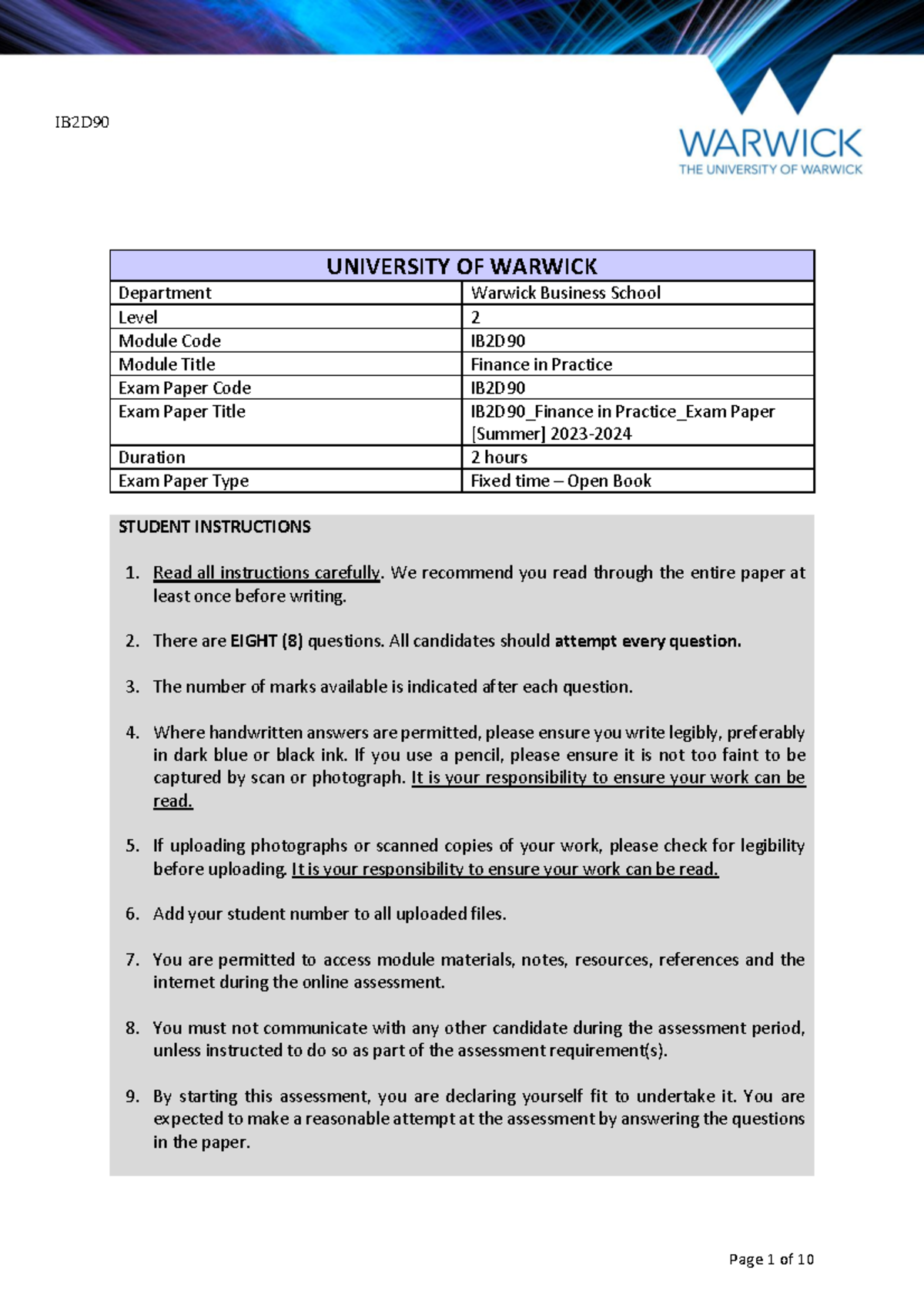 IB2D90 Finance in Practice Exam Paper Summer 2023-24 - UNIVERSITY OF ...