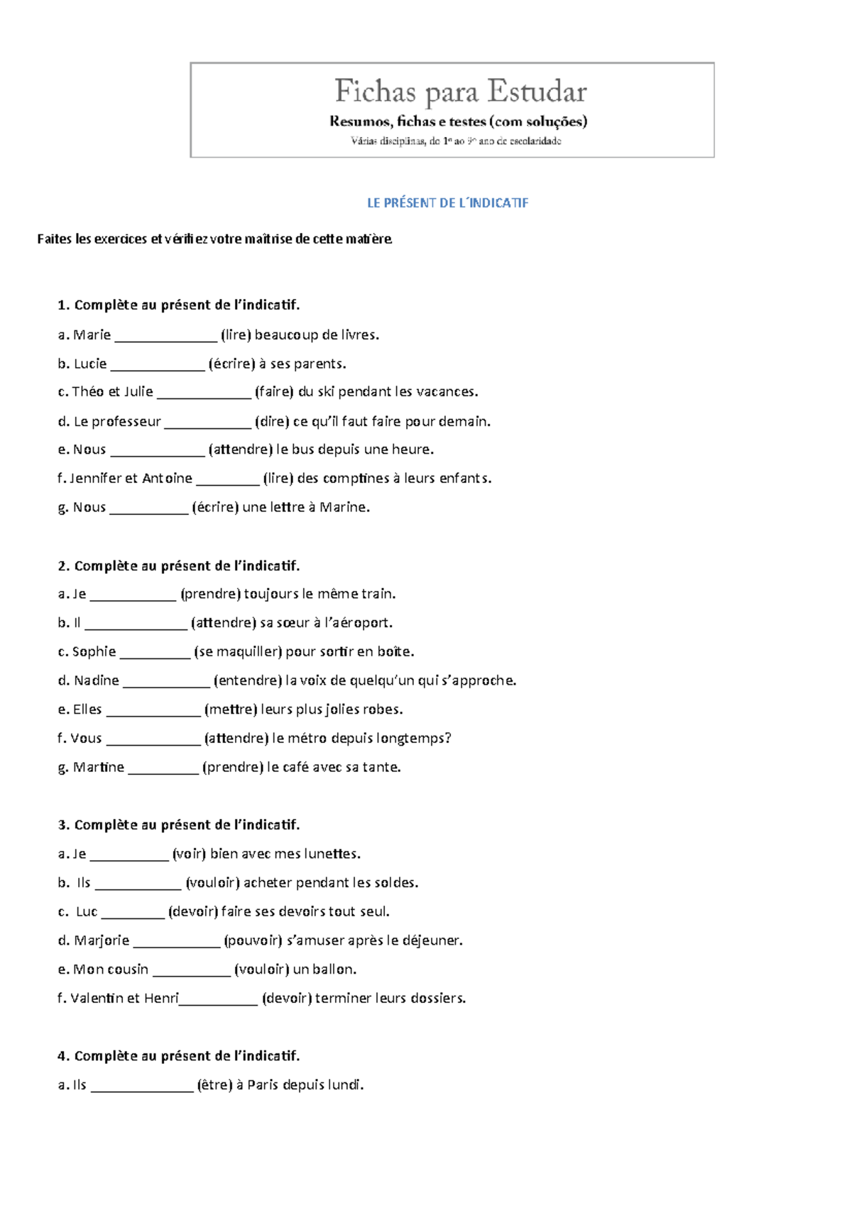 Ficha frances 9 ano present de lindicatif 2 - LE PRÉSENT DE L ...