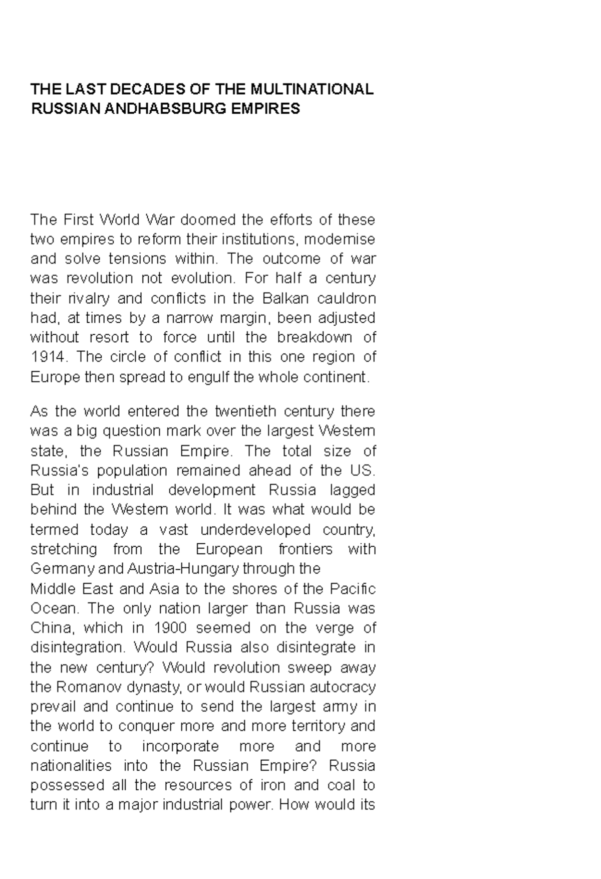 The Great War, Revolution and the Search for Stability - THE LAST ...